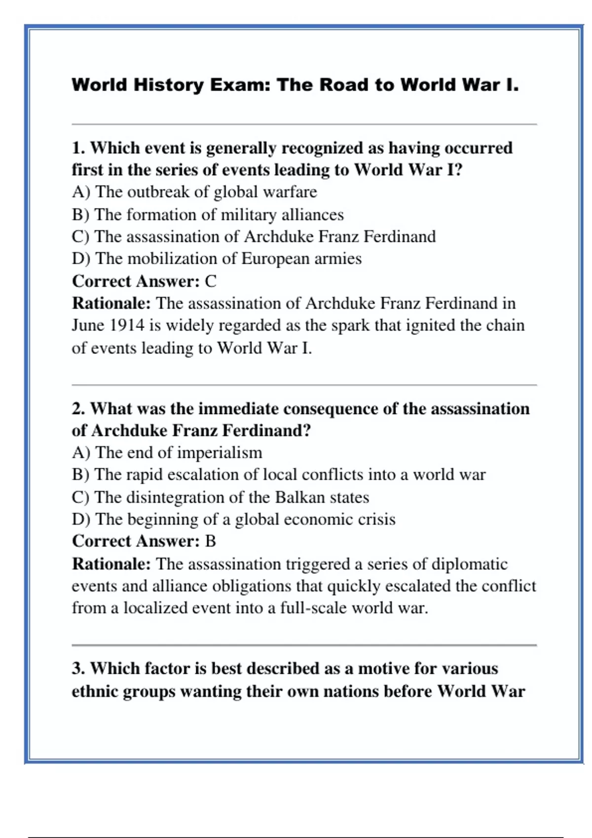 World War I Causes Study Guide with Detailed Answers - History - Stuvia US