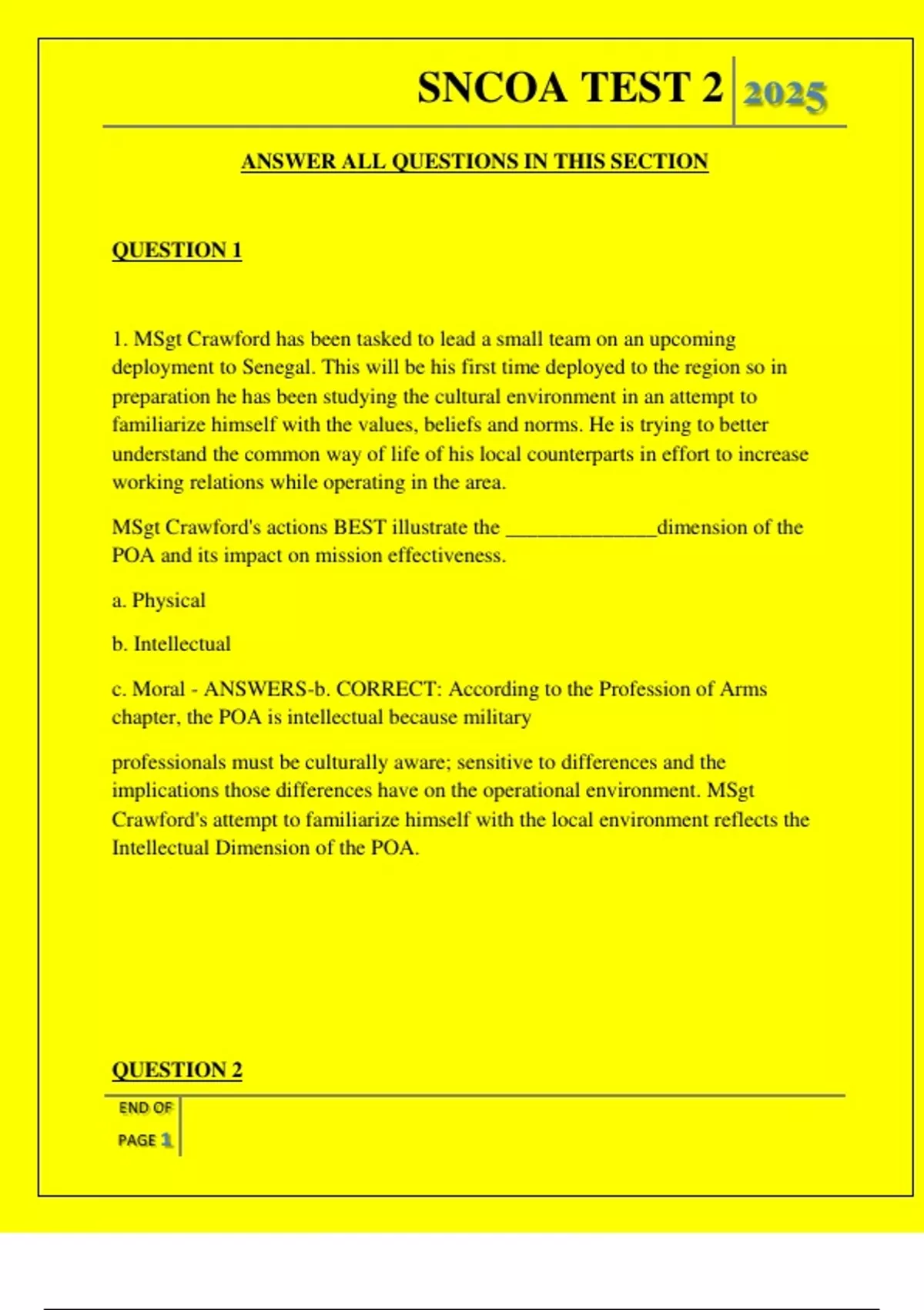 SNCOA TEST 2 QUESTIONS AND ANSWERS 2025 - SNCOA - Stuvia US