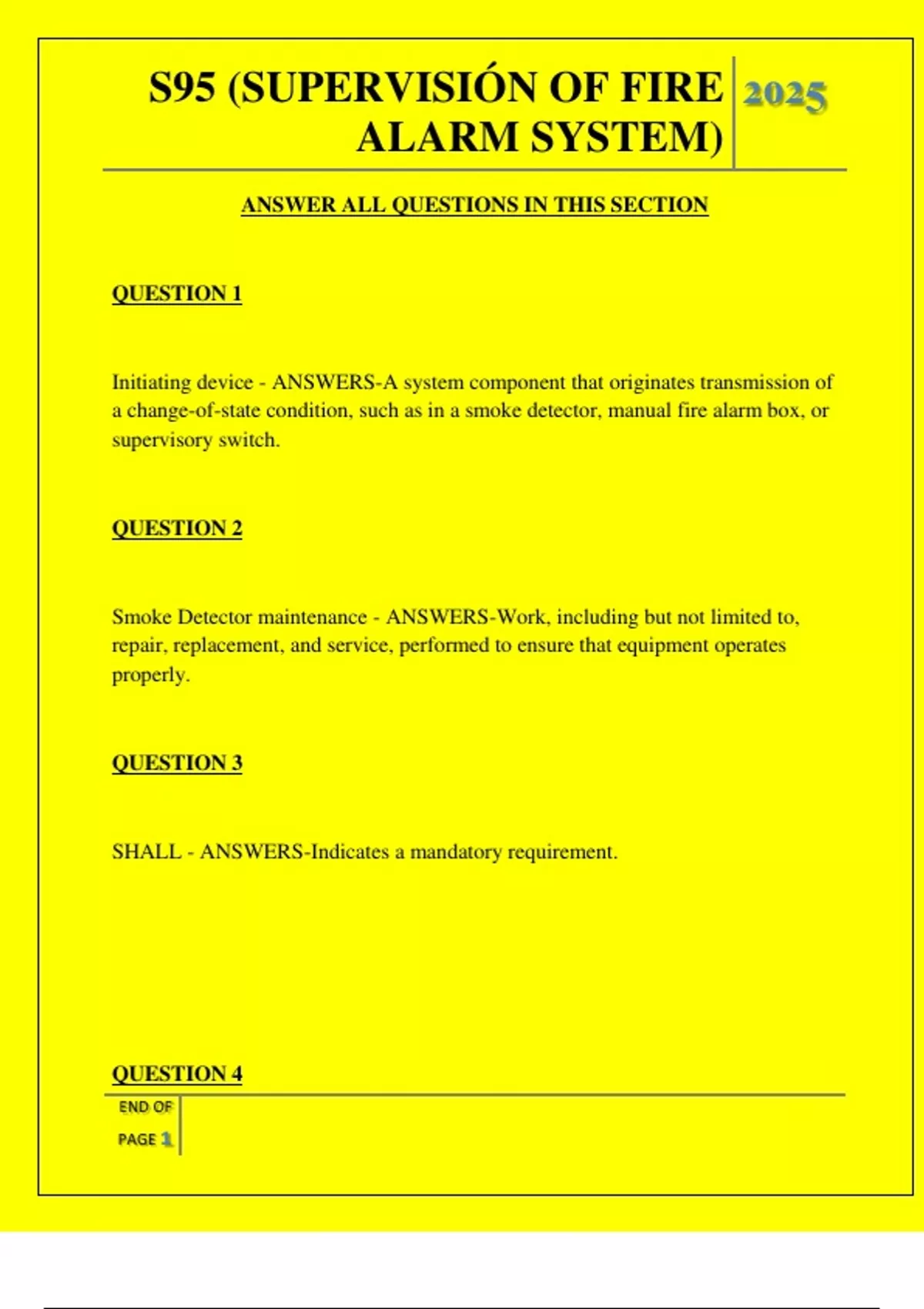 S95 (SUPERVISIÓN OF FIRE ALARM SYSTEM) QUESTIONS AND ANSWERS 2025 - S95 ...