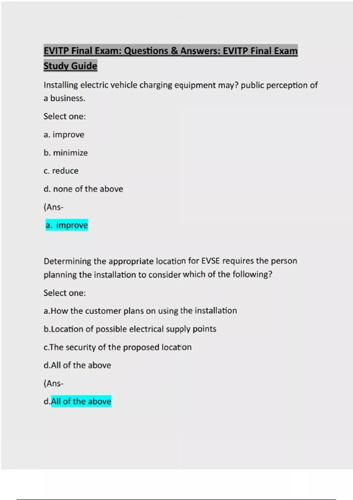 EVITP Final Exam:EVITP:EVITP Package Deal:Electric Vehicle Charging ...