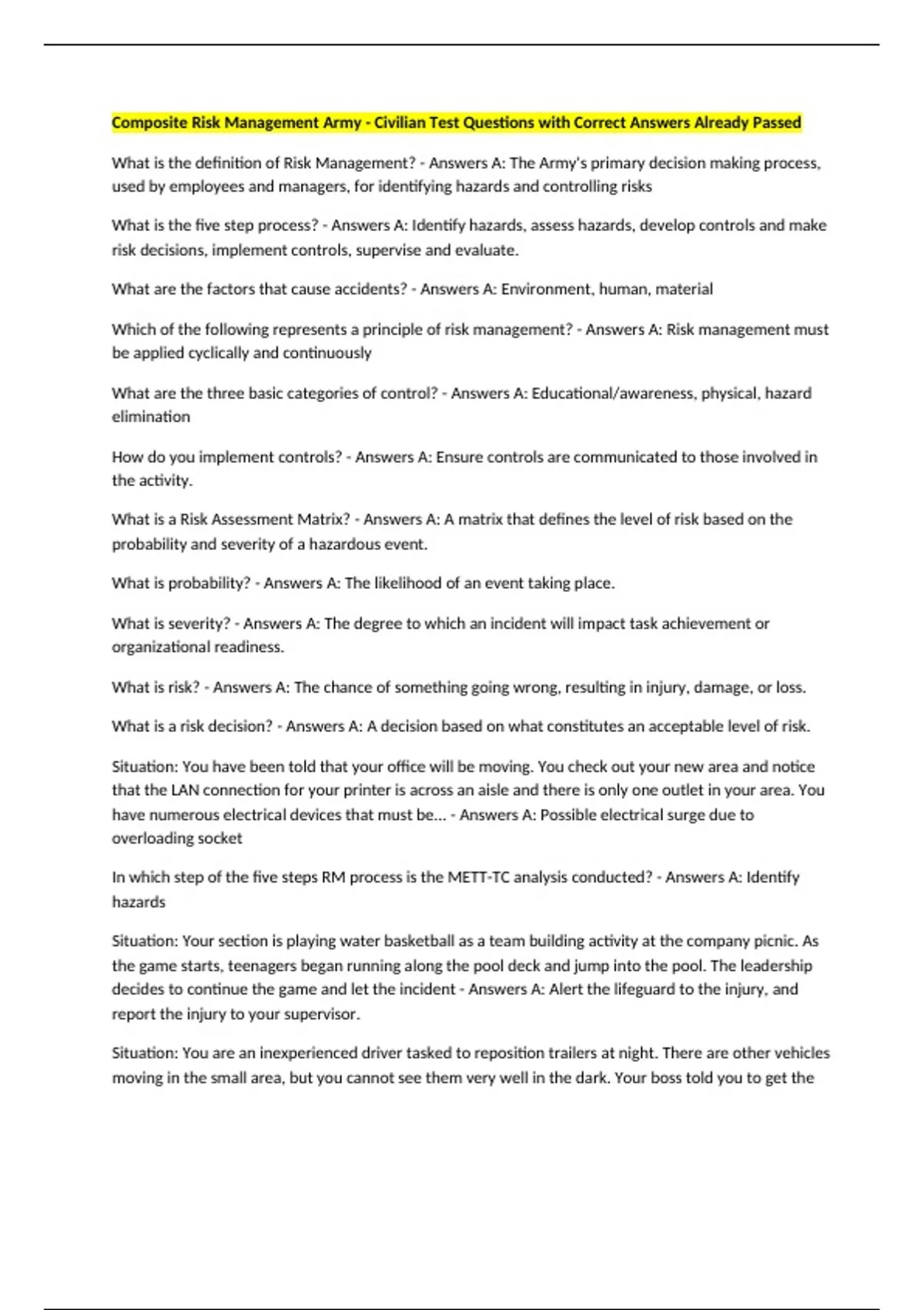 Composite Risk Management Army - Civilian Test Questions with Correct ...