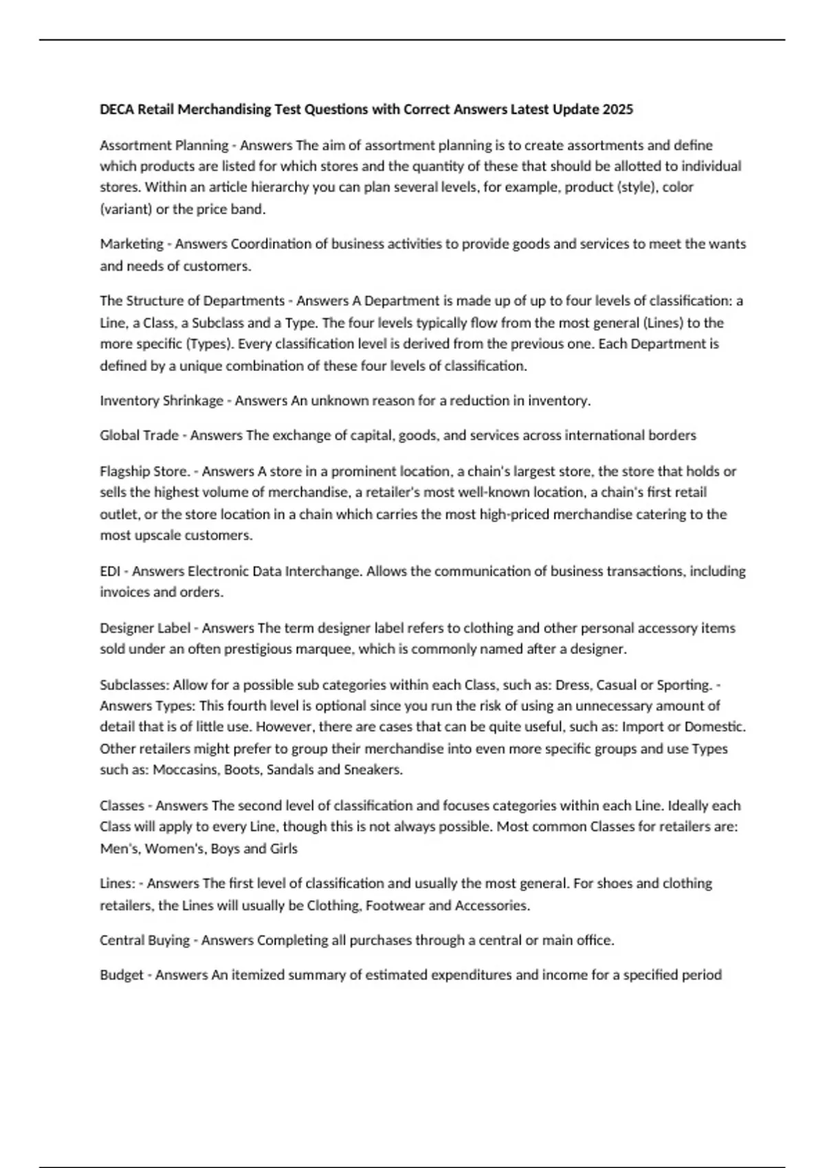 DECA Retail Merchandising Test Questions with Correct Answers Latest ...