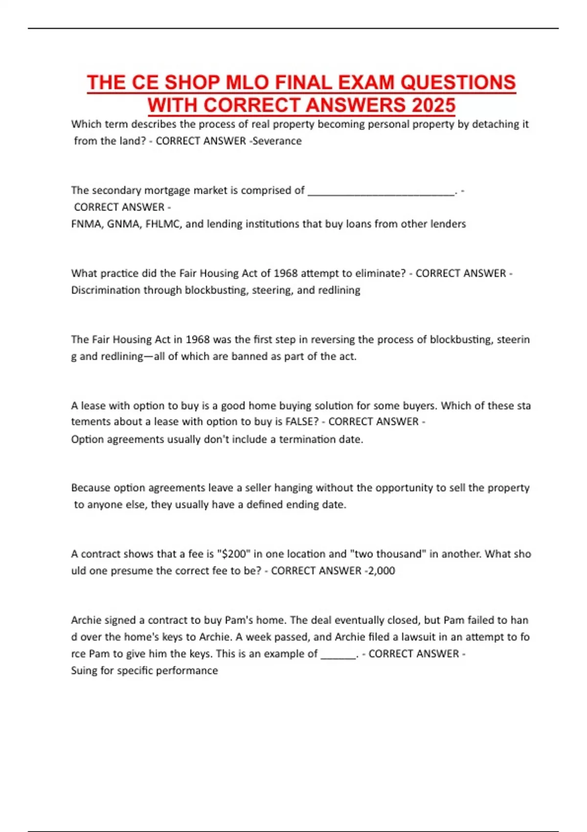 THE CE SHOP MLO FINAL EXAM QUESTIONS WITH CORRECT ANSWERS 2025 - CE ...