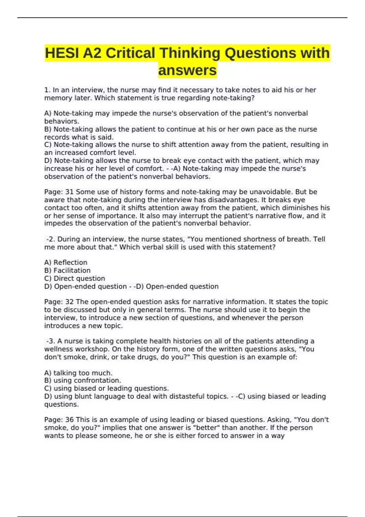 HESI A2 Critical Thinking Questions with answers - Hesi A2 V2 - Stuvia US