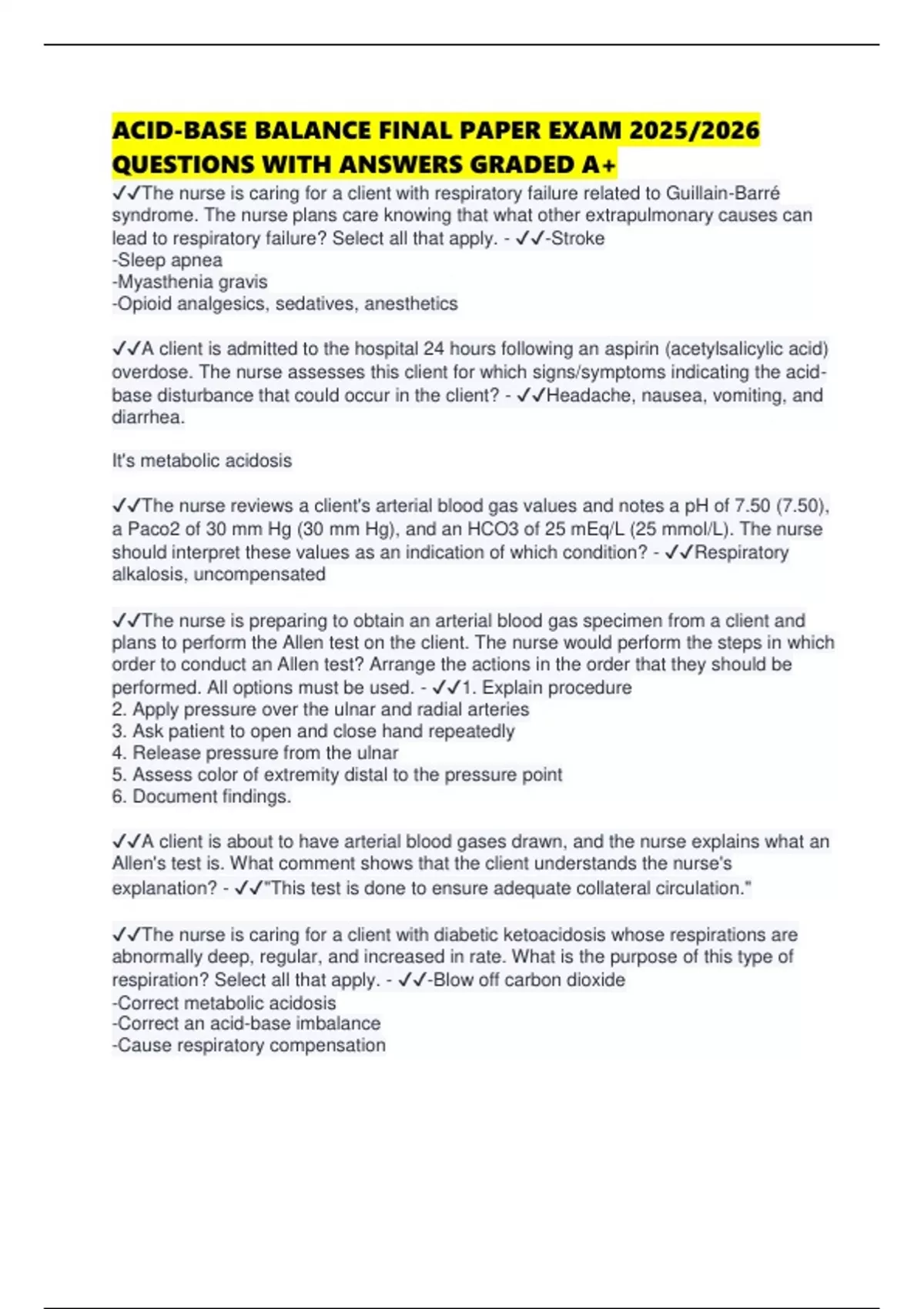 ACID-BASE BALANCE FINAL PAPER EXAM 2025/2026 QUESTIONS WITH ANSWERS ...