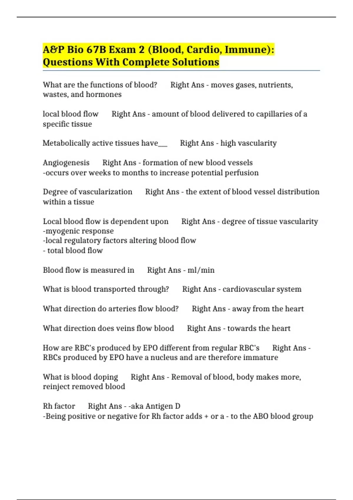 A&P Bio 67B Exam 2 (Blood, Cardio, Immune): Questions With Complete Solutions - BIO 67B - Stuvia US