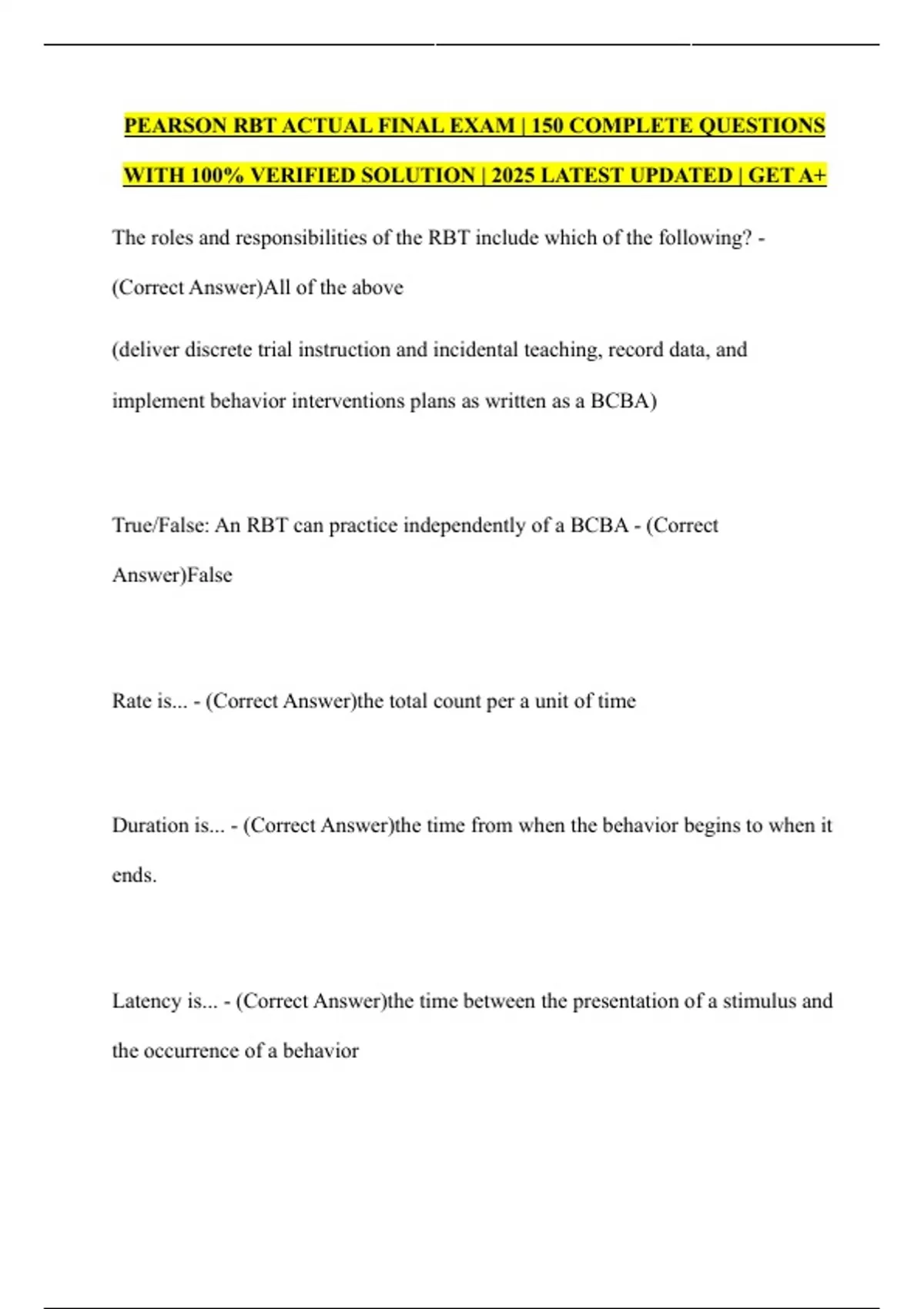 Pearson RBT ACTUAL FINAL EXAM | 150 COMPLETE QUESTIONS WITH 100% ...