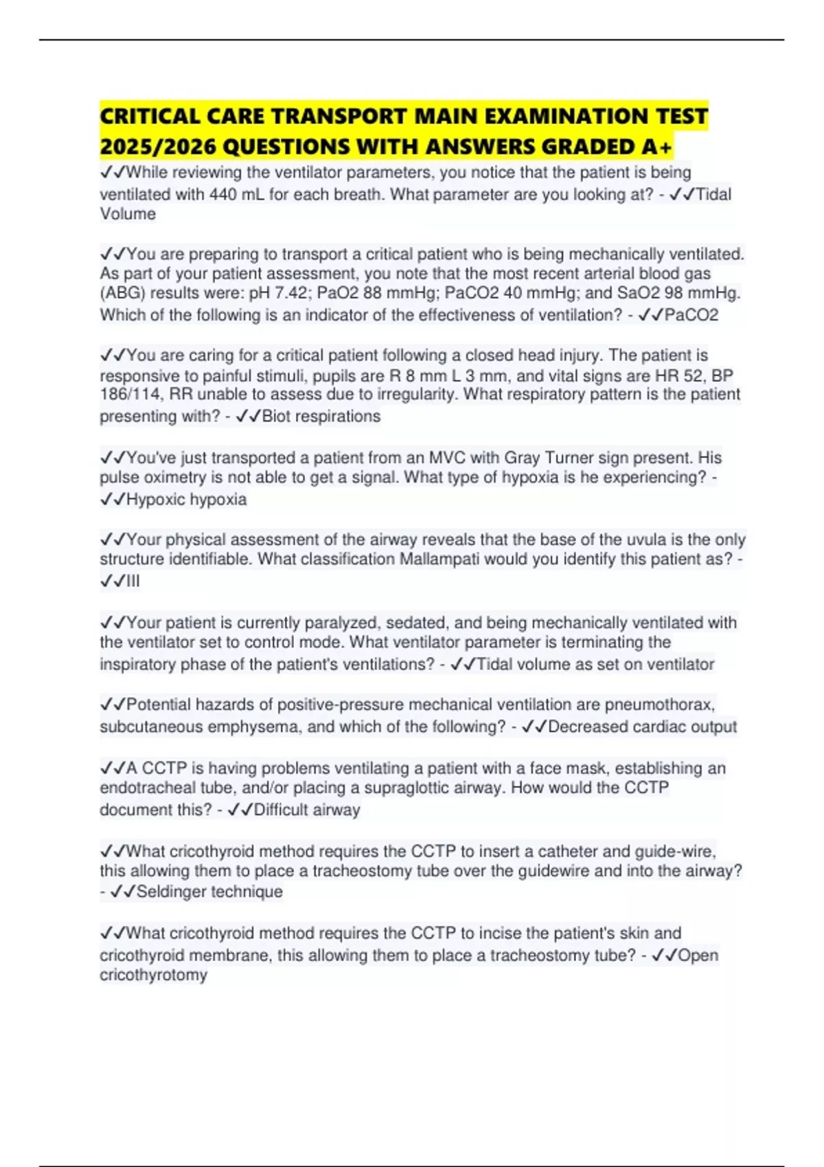 CRITICAL CARE TRANSPORT MAIN EXAMINATION TEST 2025/2026 QUESTIONS WITH ...