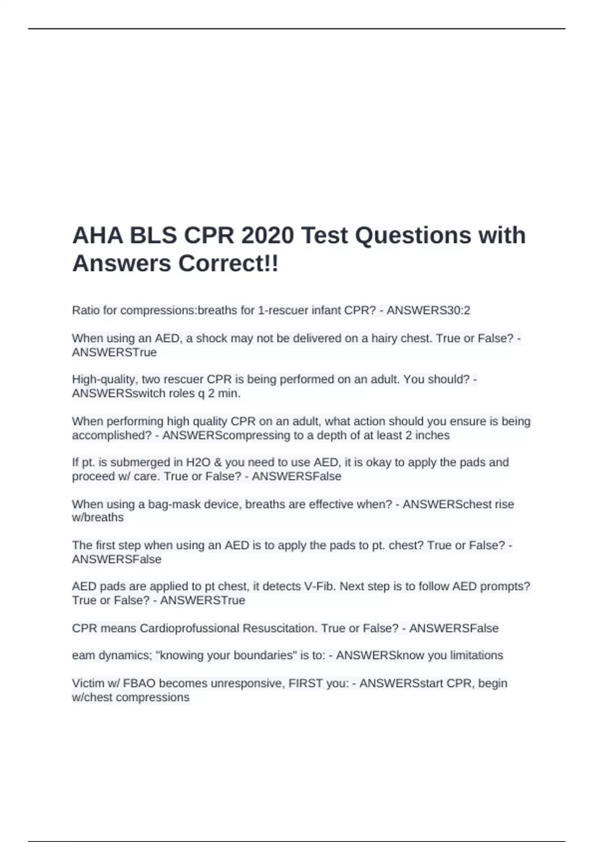 AHA BLS CPR 2020 Test Questions with Answers Correct!! - AHA BLS CPR ...