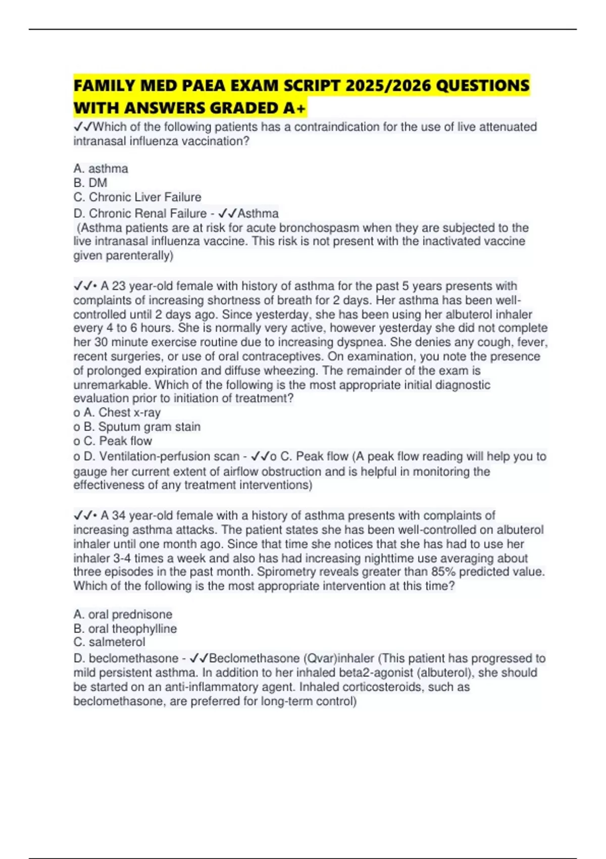 FAMILY MED PAEA EXAM SCRIPT 2025/2026 QUESTIONS WITH ANSWERS GRADED A+ ...