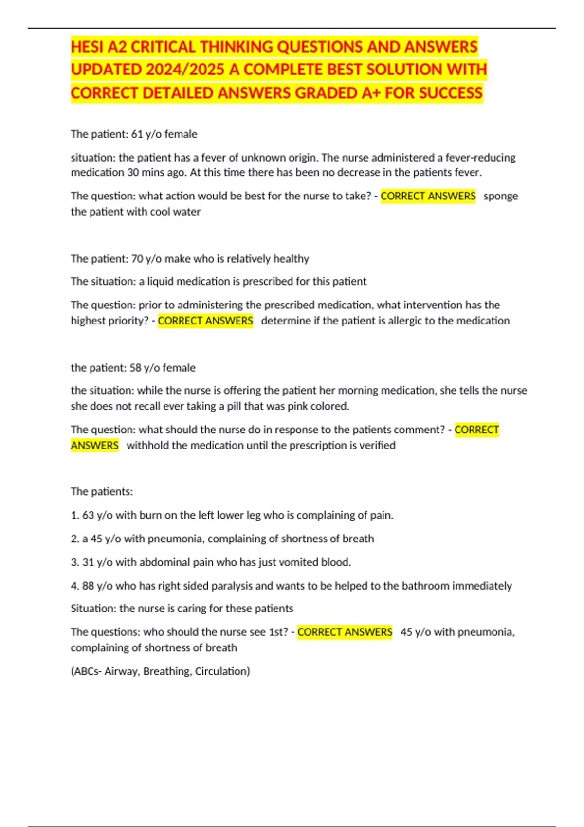 HESI A2 CRITICAL THINKING QUESTIONS AND ANSWERS UPDATED 2024/2025 A COMPLETE BEST SOLUTION WITH ...
