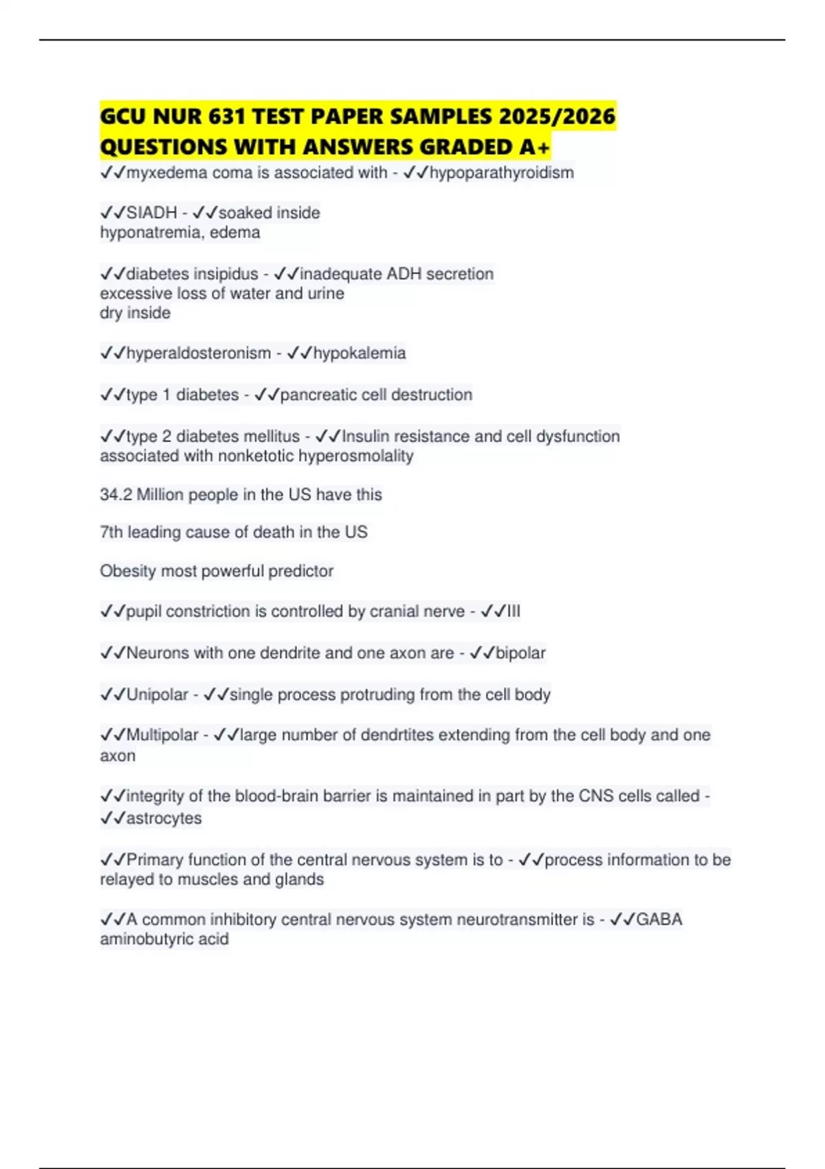 GCU NUR 631 TEST PAPER SAMPLES 2025/2026 QUESTIONS WITH ANSWERS GRADED ...