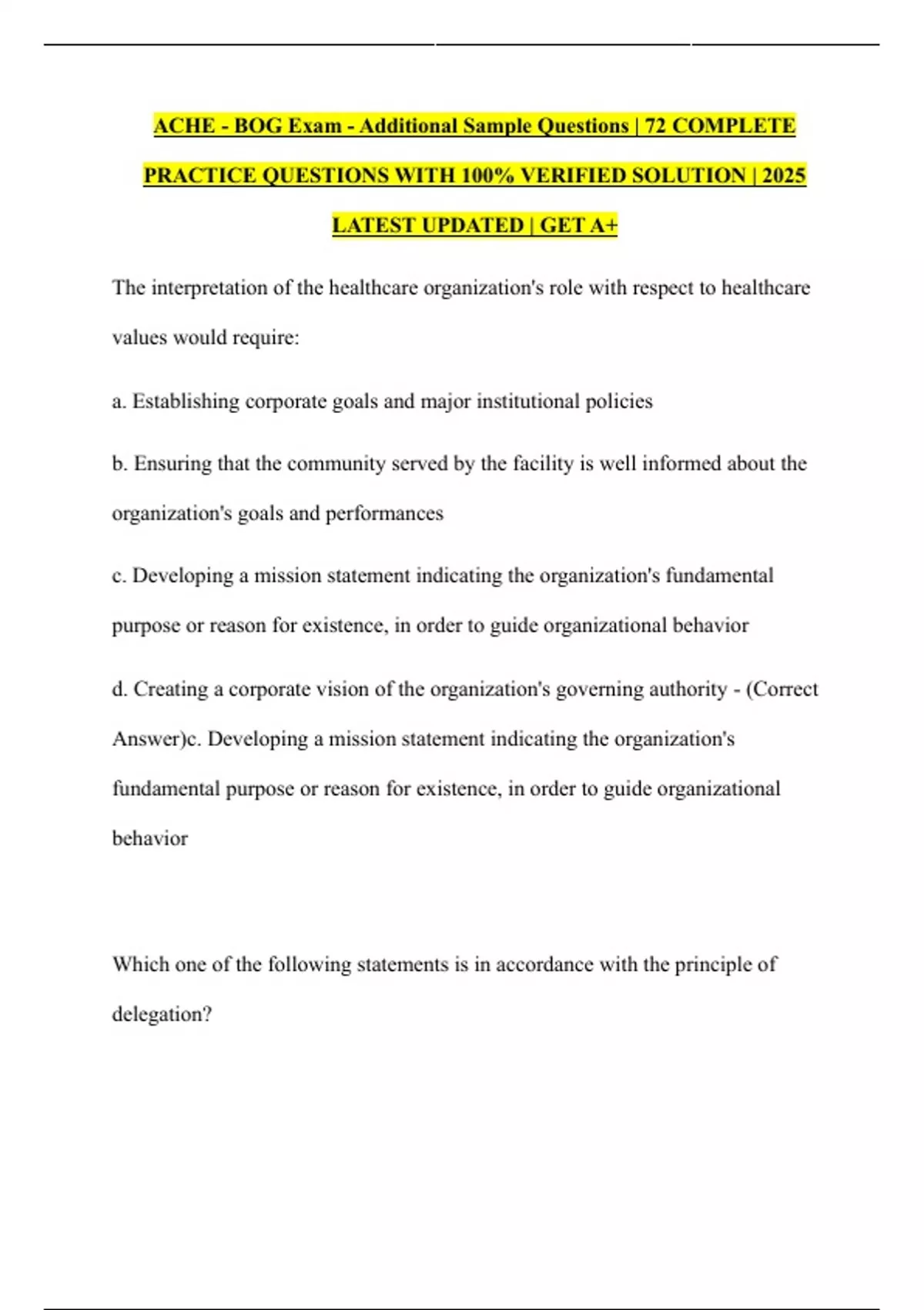 ACHE - BOG Exam - Additional Sample Questions | 72 COMPLETE PRACTICE QUESTIONS WITH 100% ...