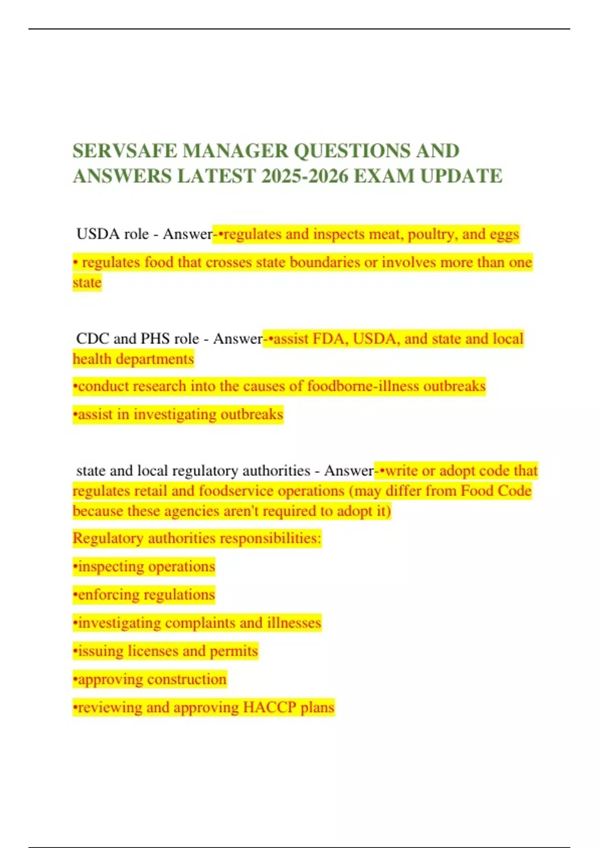 SERVSAFE MANAGER QUESTIONS AND ANSWERS LATEST EXAM UPDATE - SERVSAFE ...