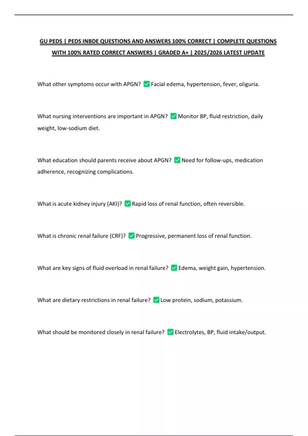 GU PEDS | PEDS INBDE QUESTIONS AND ANSWERS 100% CORRECT | COMPLETE ...