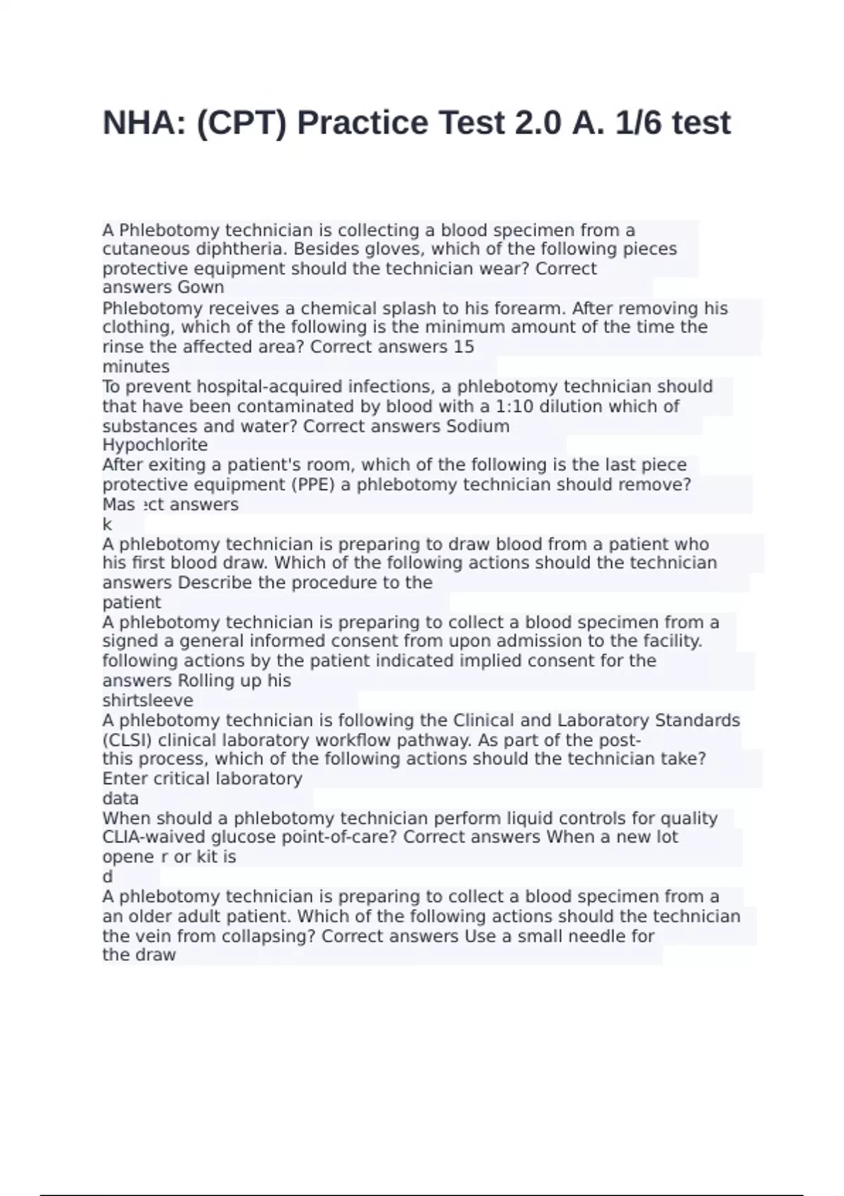 NHA: (CPT) Practice Test 2.0 A. 1/6 test exam with 100% correct answers ...