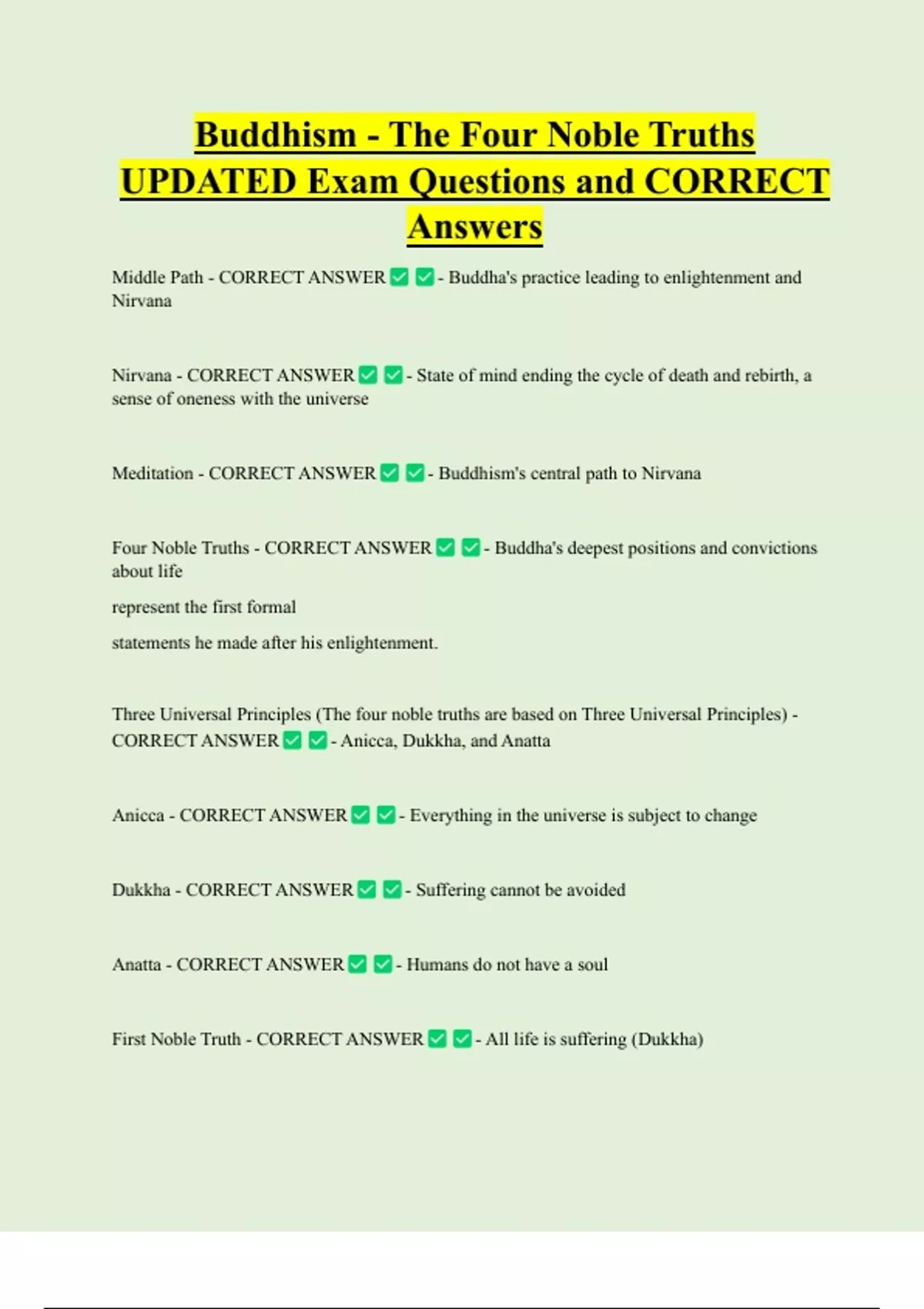 Buddhism - The Four Noble Truths UPDATED Exam Questions and CORRECT ...