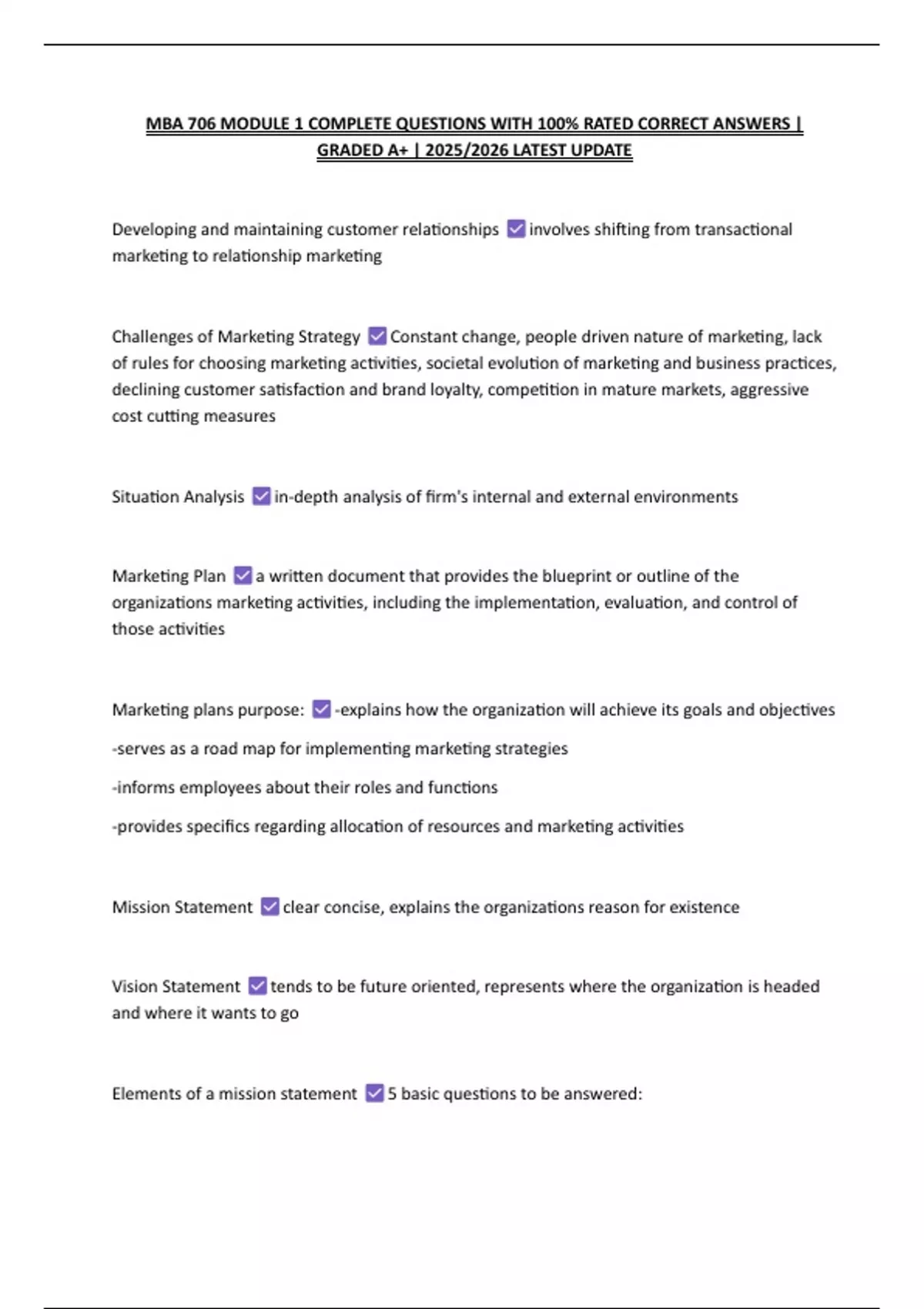 MBA 706 MODULE 1 COMPLETE QUESTIONS WITH 100% RATED CORRECT ANSWERS ...
