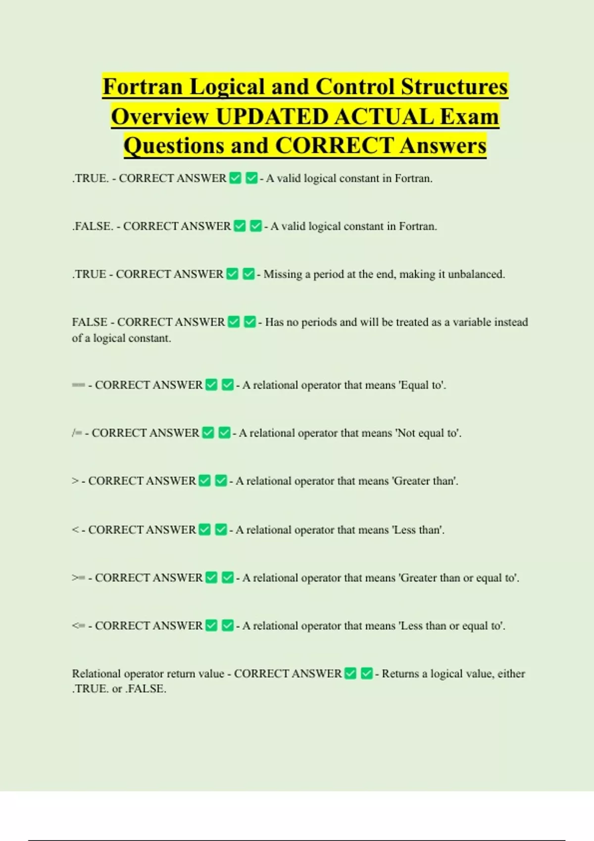 Fortran Logical and Control Structures Overview UPDATED ACTUAL Exam Questions and CORRECT ...
