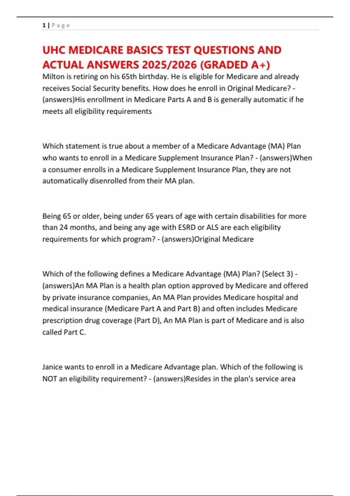 UHC MEDICARE BASICS TEST QUESTIONS AND ACTUAL ANSWERS 2025/2026 (GRADED ...