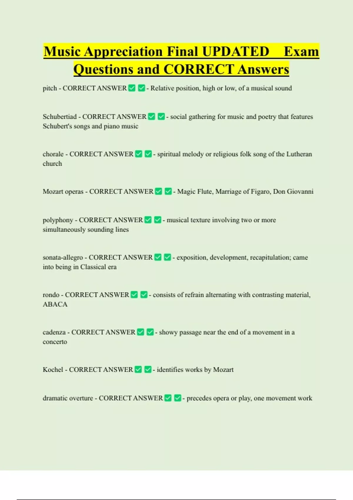 Music Appreciation Final UPDATED Exam Questions and CORRECT Answers ...