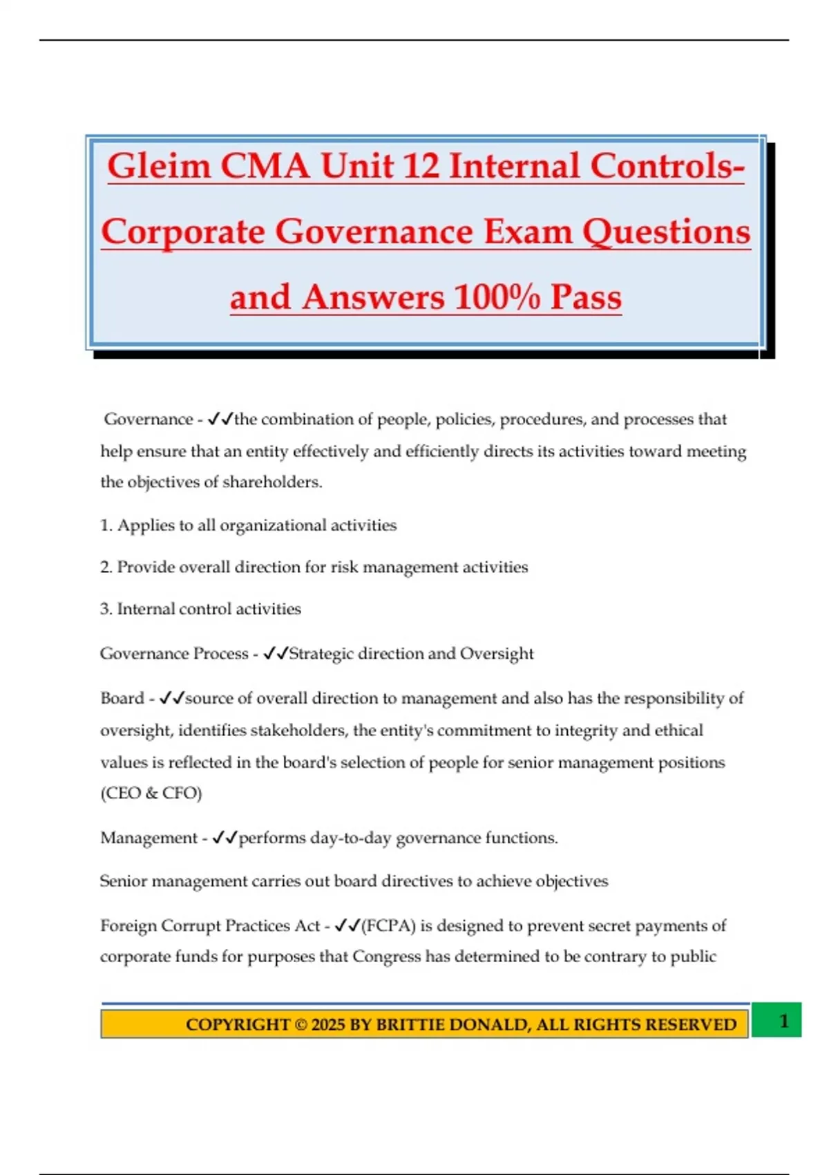 Gleim CMA Unit 12 Internal Controls- Corporate Governance Exam ...
