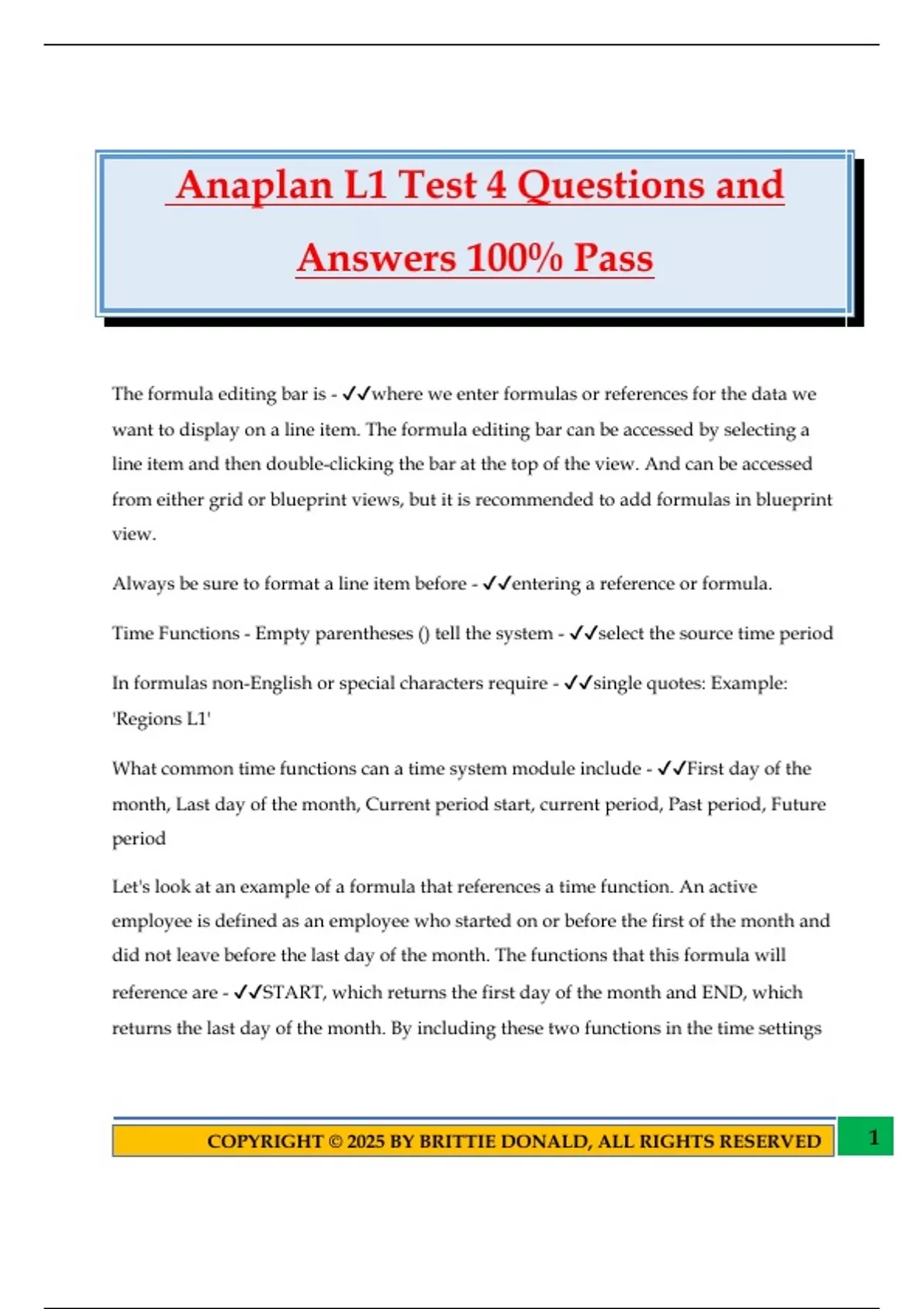 Anaplan L1 Test 4 Questions and Answers 100% Pass - Anaplan - Stuvia US