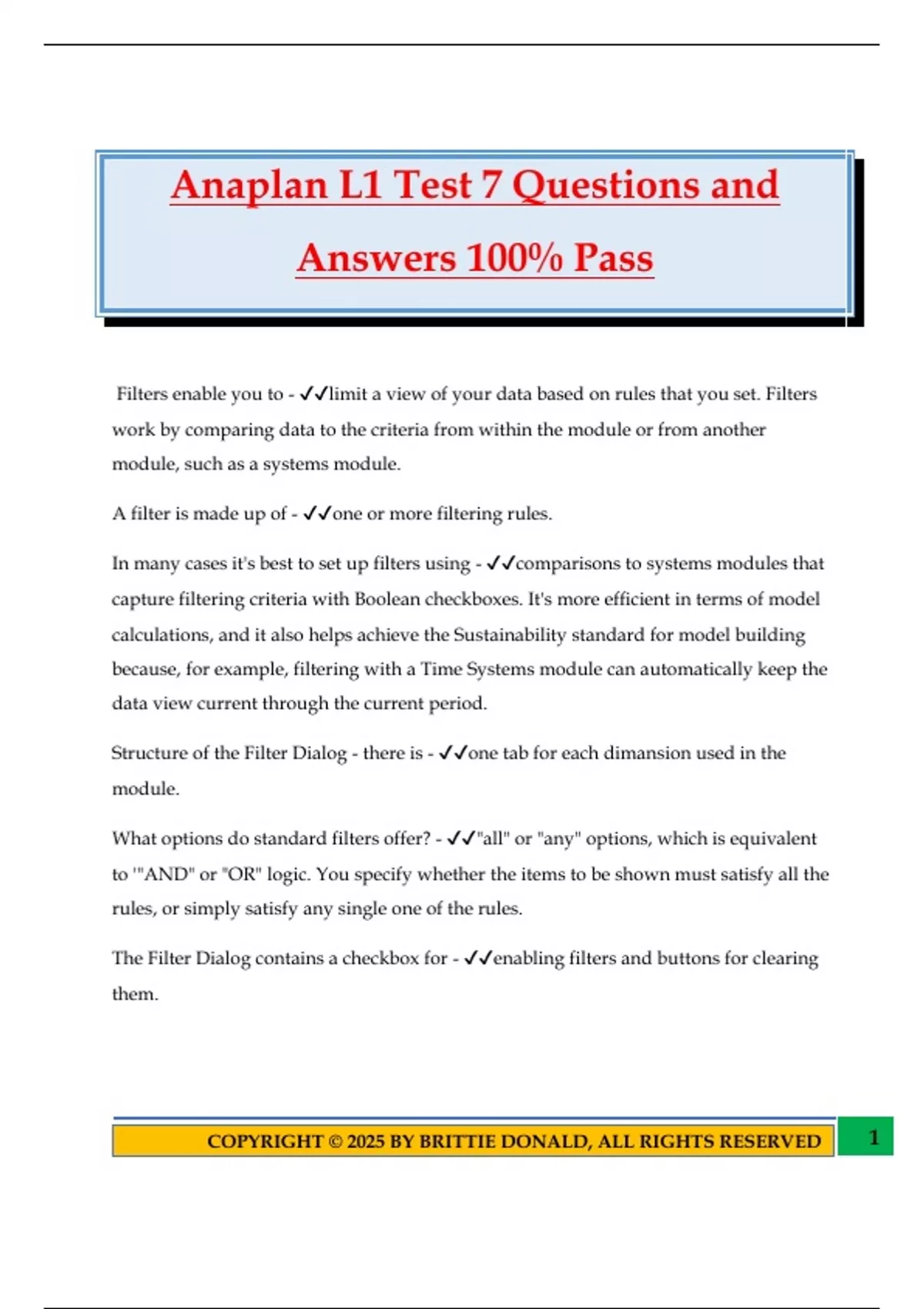 Anaplan L1 Test 7 Questions and Answers 100% Pass - Anaplan - Stuvia US