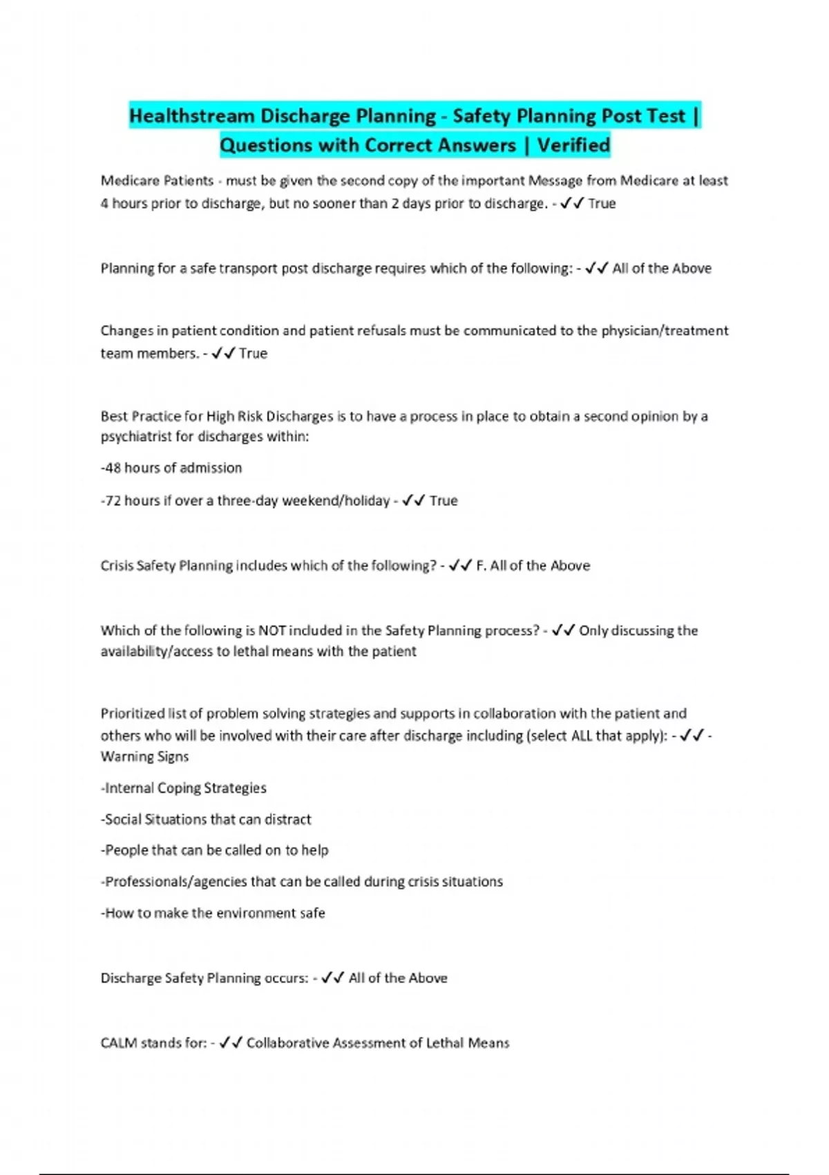Healthstream Discharge Planning - Safety Planning Post Test | Questions ...