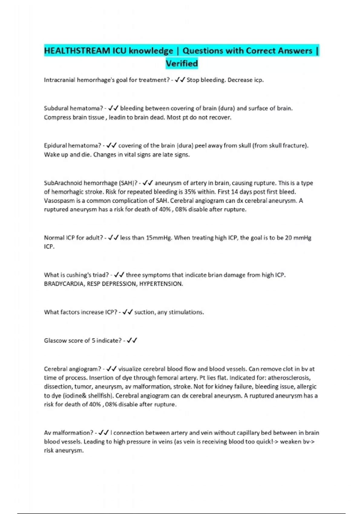 HEALTHSTREAM ICU knowledge | Questions with Correct Answers | Verified ...