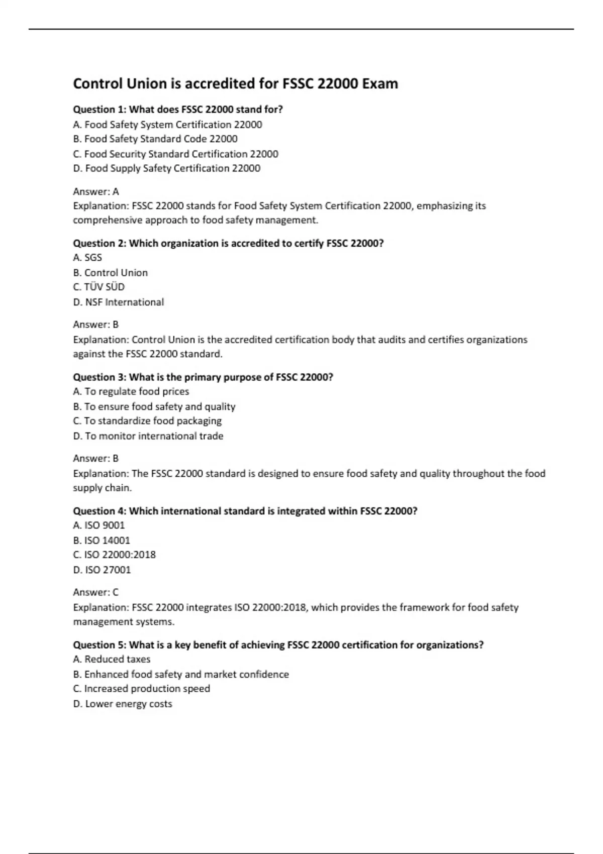Control Union is accredited for FSSC 22000 Exam - Computers - Stuvia US