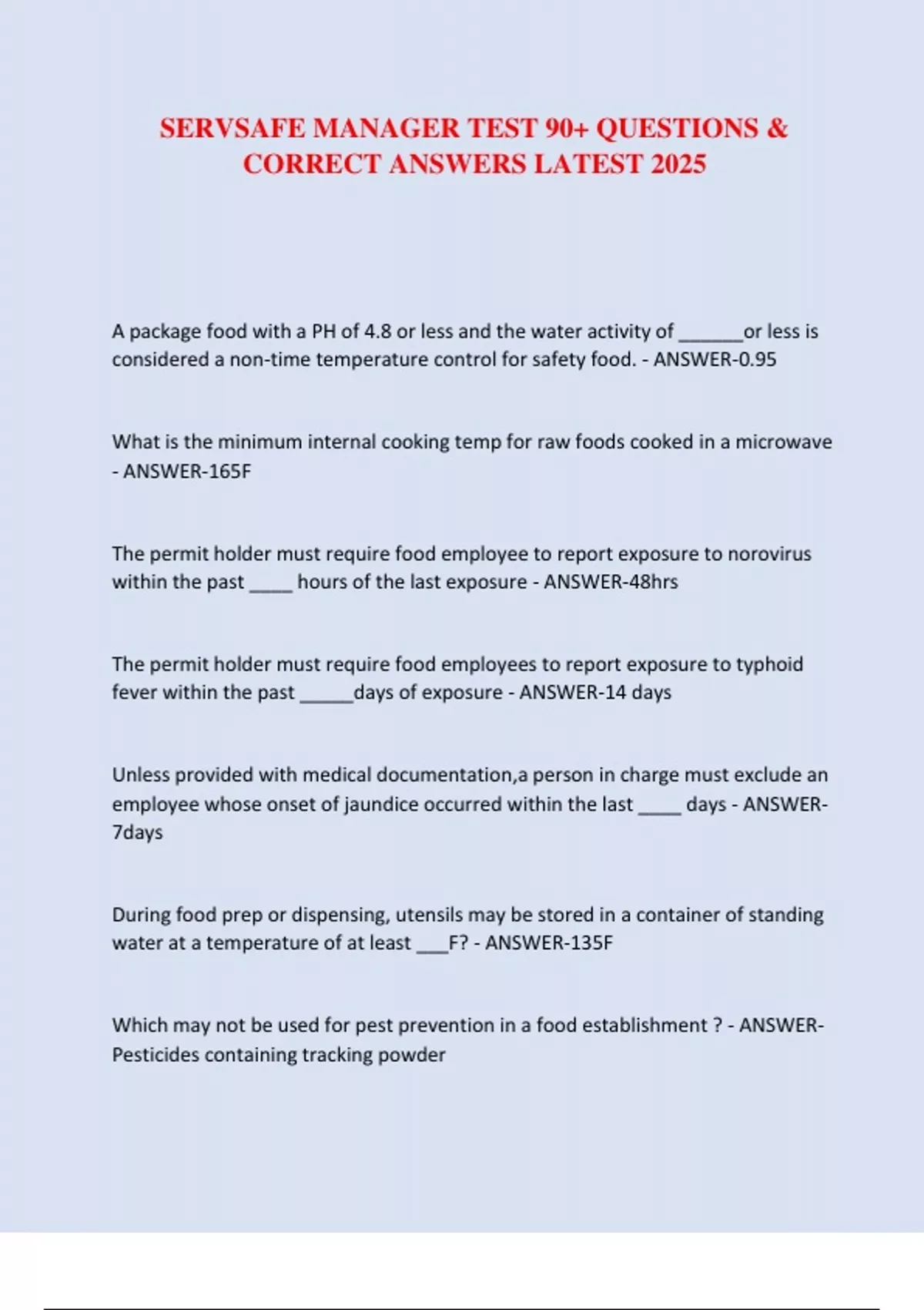 SERVSAFE MANAGER TEST BUNDLE 6 ITEMS QUESTIONS & CORRECT ANSWERS LATEST ...