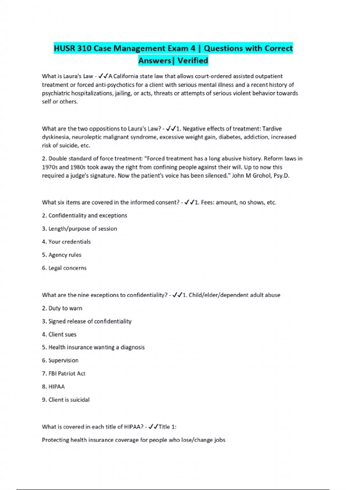 HUSR 310 Case Management Exam 4 | Questions with Correct Answers| Verified - HUSR 310 - Stuvia US