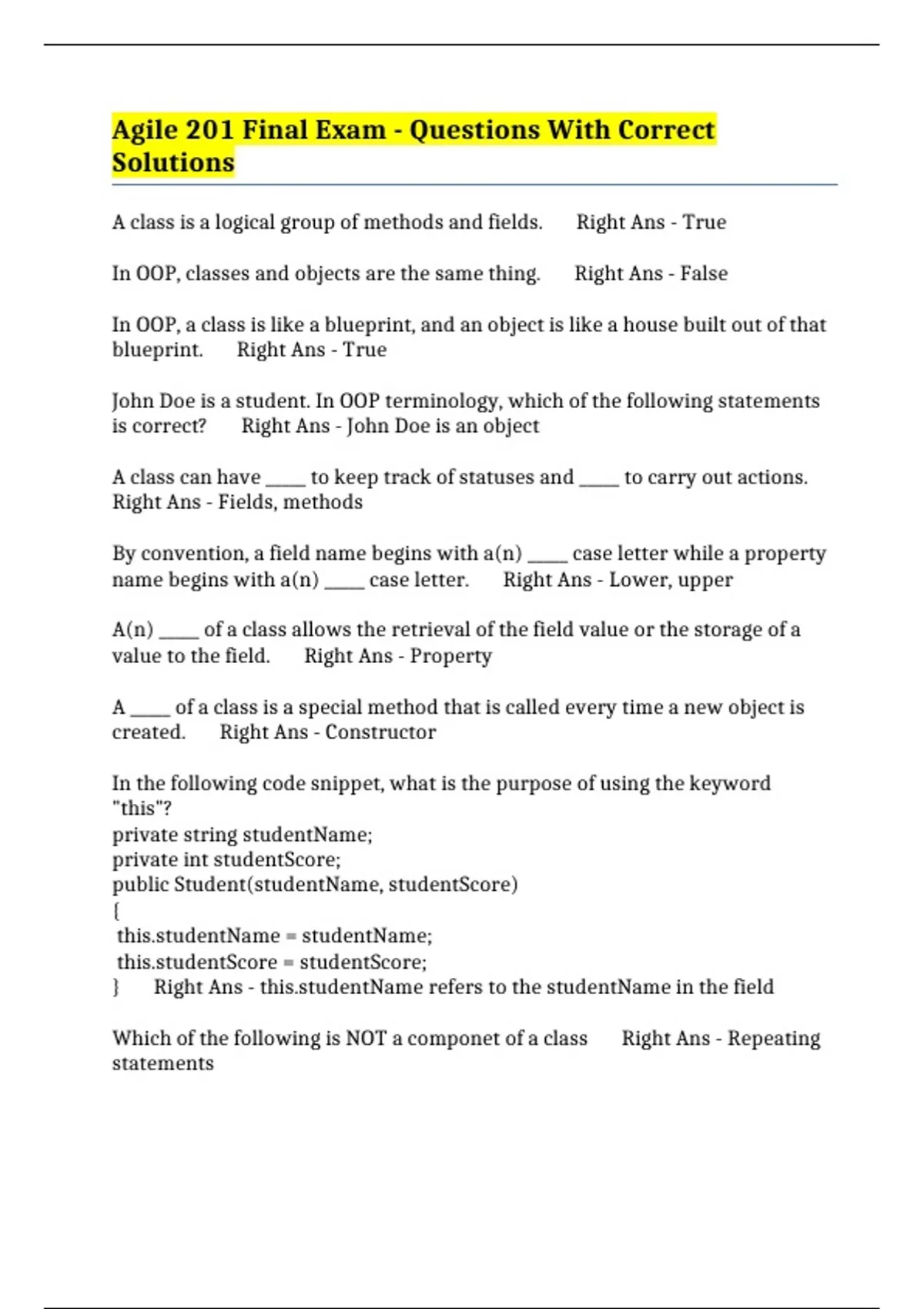 Agile 201 Final Exam - Questions With Correct Solutions - AGILE - Stuvia US