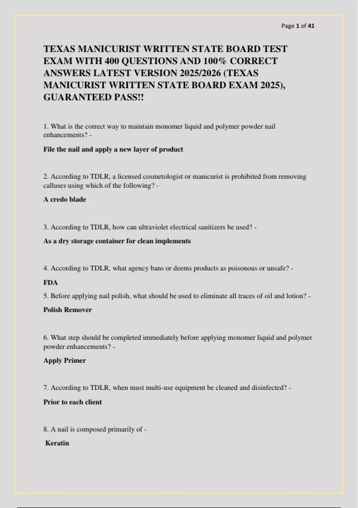 TEXAS MANICURIST WRITTEN STATE BOARD TEST EXAM WITH 400 QUESTIONS AND ...