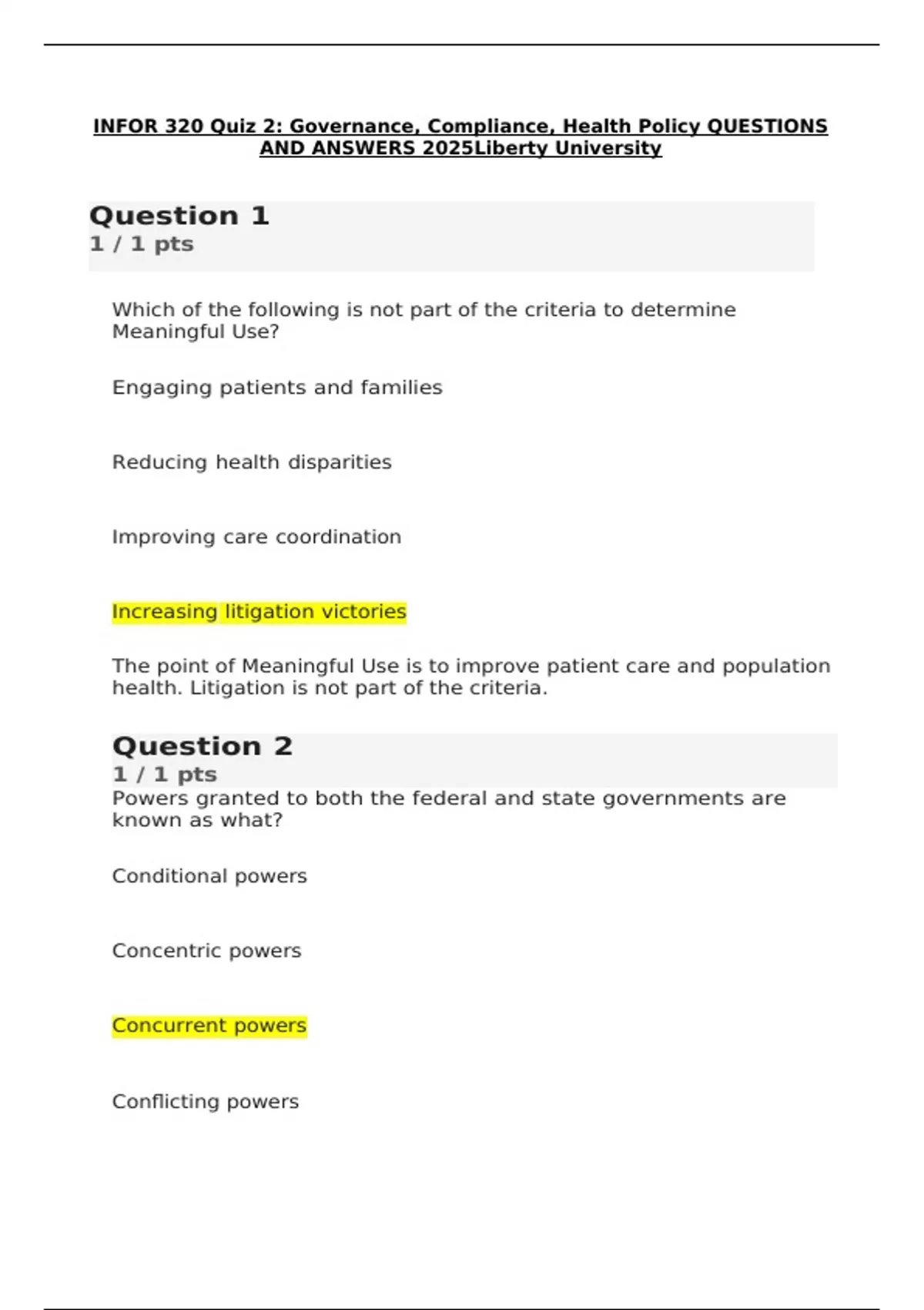 INFOR 320 Quiz 2: Governance, Compliance, Health Policy QUESTIONS AND ...