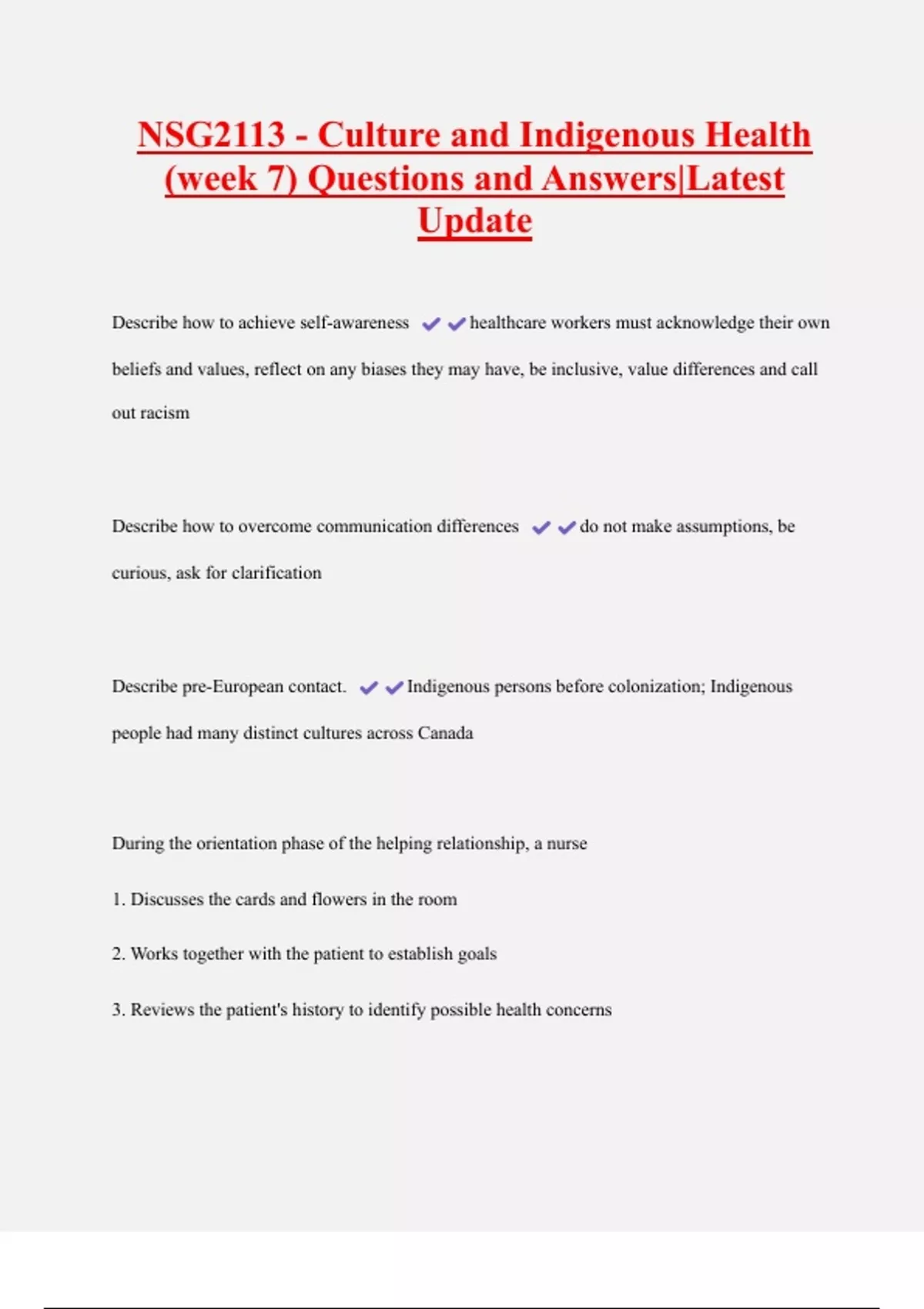 NSG2113 - Culture and Indigenous Health (week 7) Questions and Answers ...