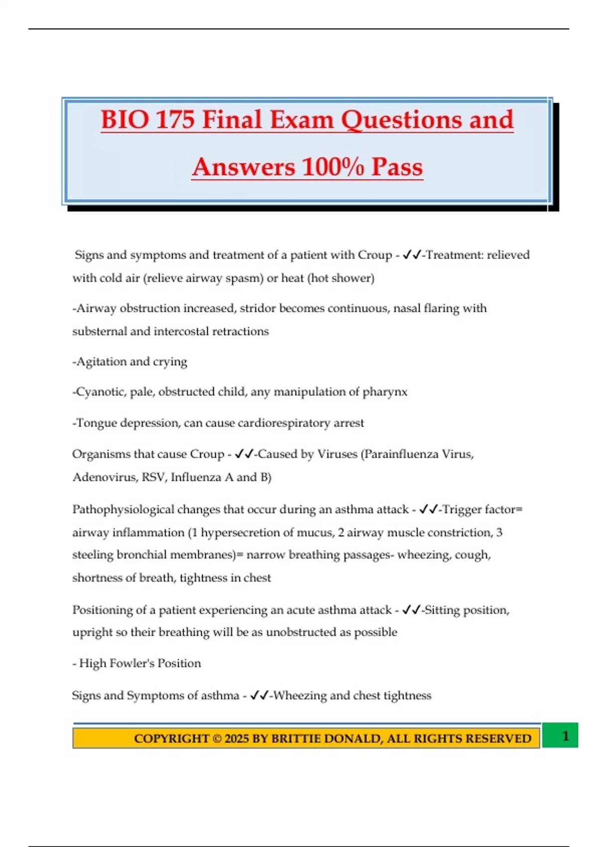 BIO 175 Final Exam Questions and Answers 100% Pass - BIO 175 - Stuvia US
