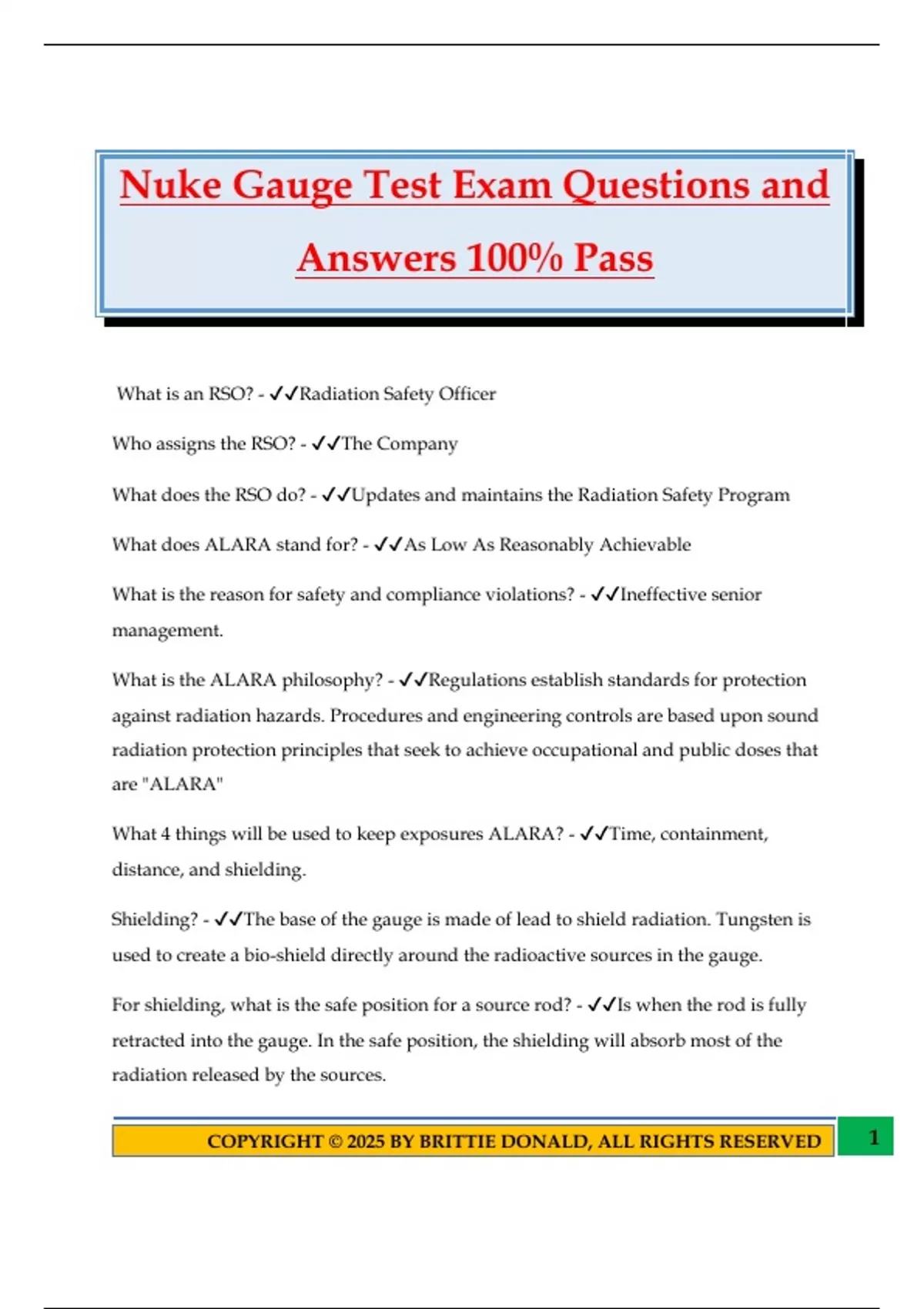 Nuke Gauge Test Exam Questions and Answers 100% Pass - Nuclear Medicine ...