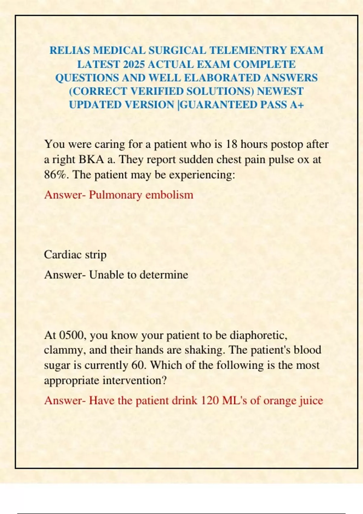 RELIAS MEDICAL SURGICAL TELEMENTRY EXAM LATEST 2025 ACTUAL EXAM ...