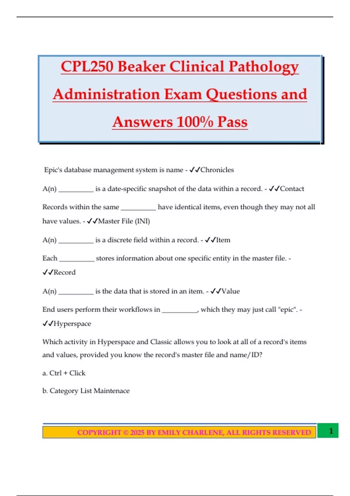 CPL250 Beaker Clinical Pathology Administration Exam Questions and ...