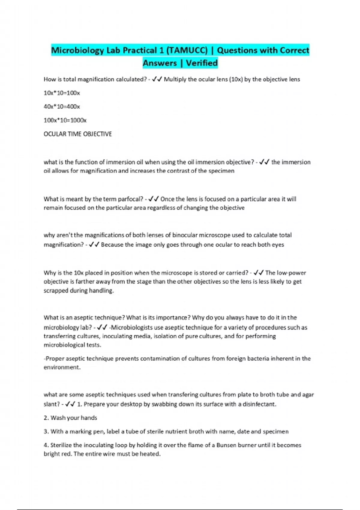 Microbiology Lab Practical 1 (TAMUCC) | Questions with Correct Answers ...