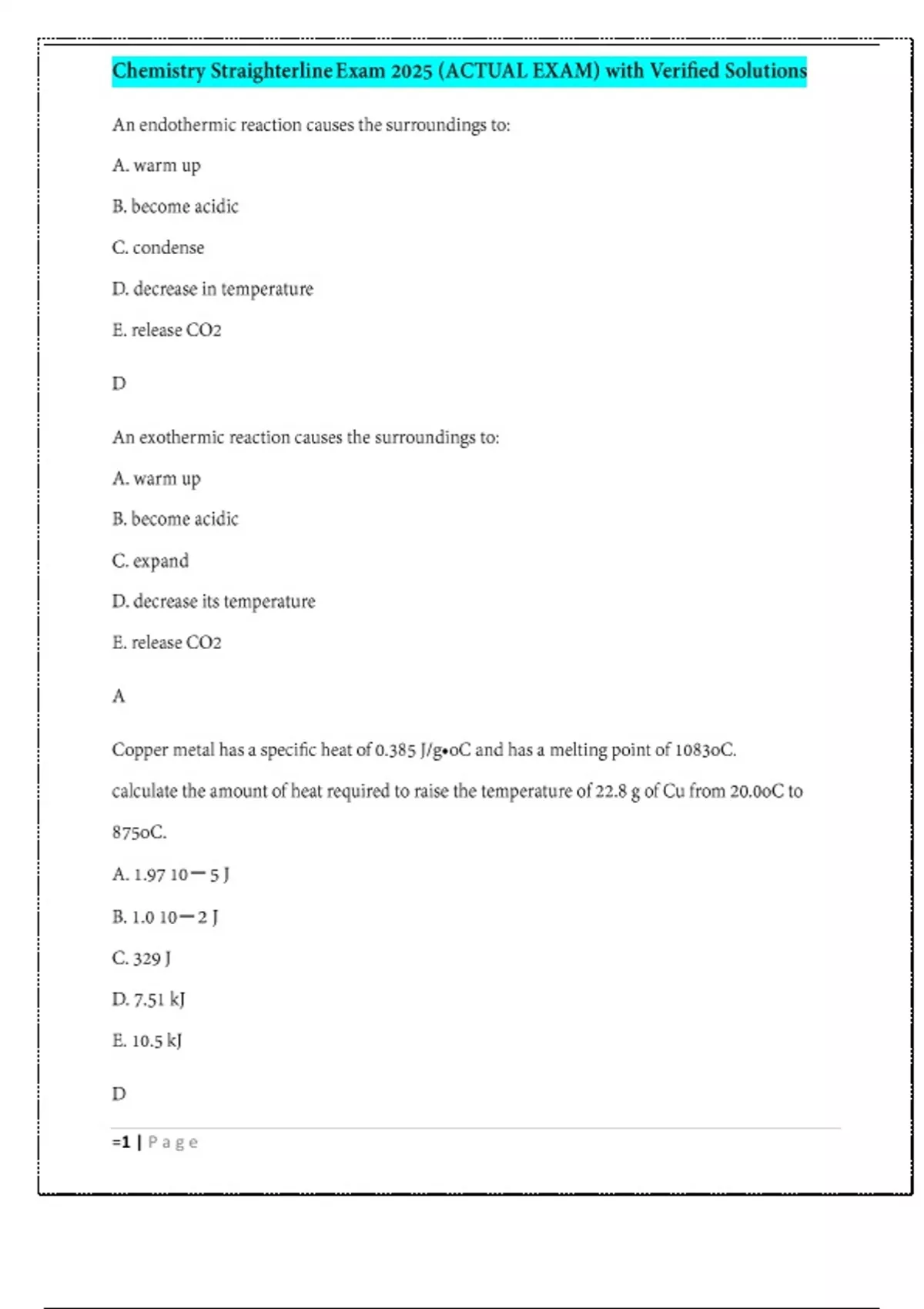 Chemistry Straighterline Exam 2025 (ACTUAL EXAM) with Verified ...