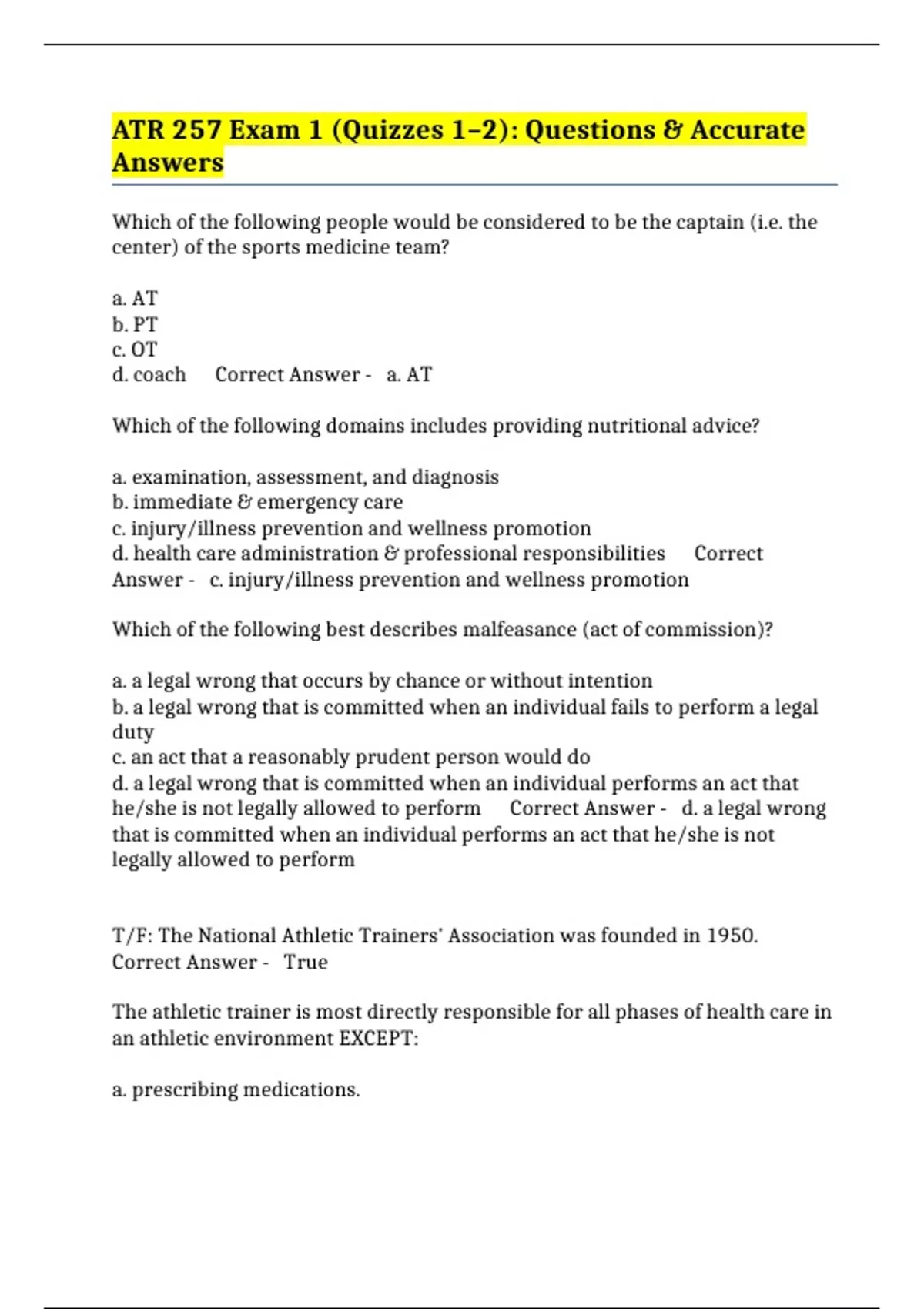 ATR 257 Exam 1 (Quizzes 1–2): Questions & Accurate Answers - ATR 257 ...