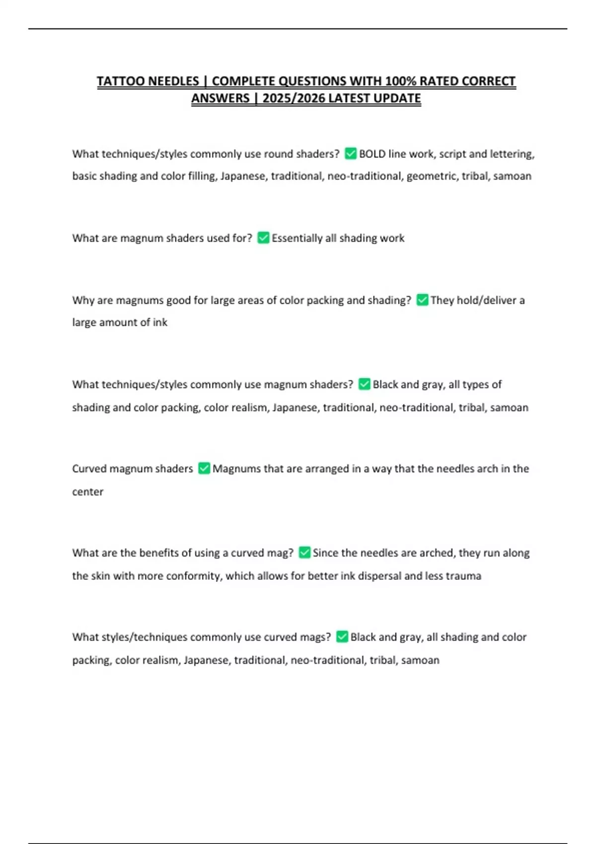 TATTOO NEEDLES | COMPLETE QUESTIONS WITH 100% RATED CORRECT ANSWERS ...