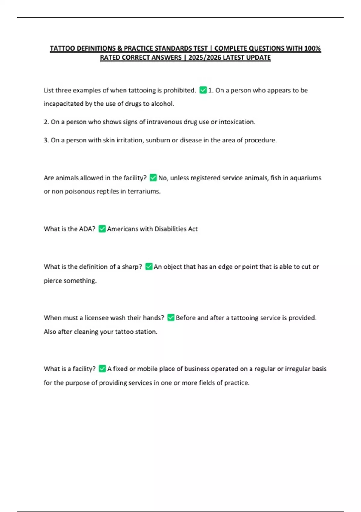 TATTOO DEFINITIONS & PRACTICE STANDARDS TEST | COMPLETE QUESTIONS WITH ...