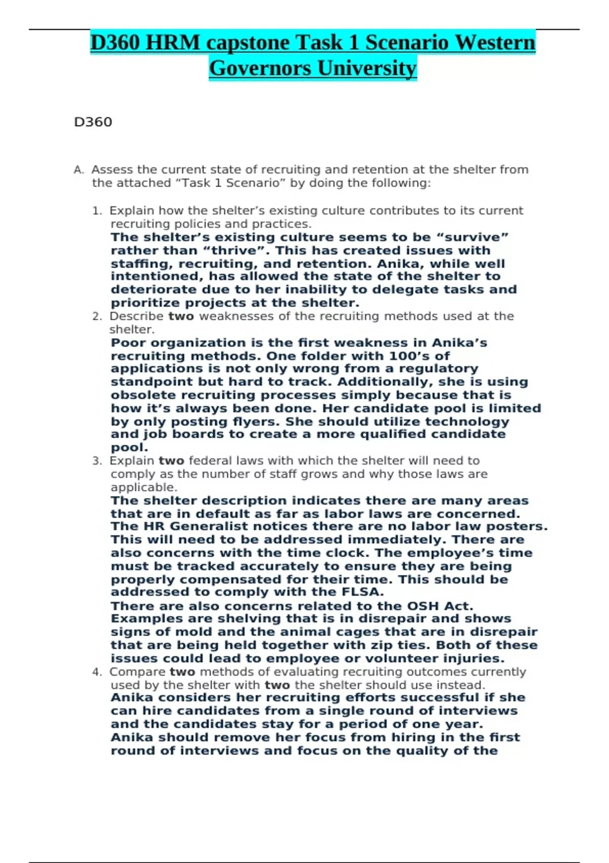 D360 HRM capstone Task 1 Scenario Western Governors University - D360 - Stuvia US