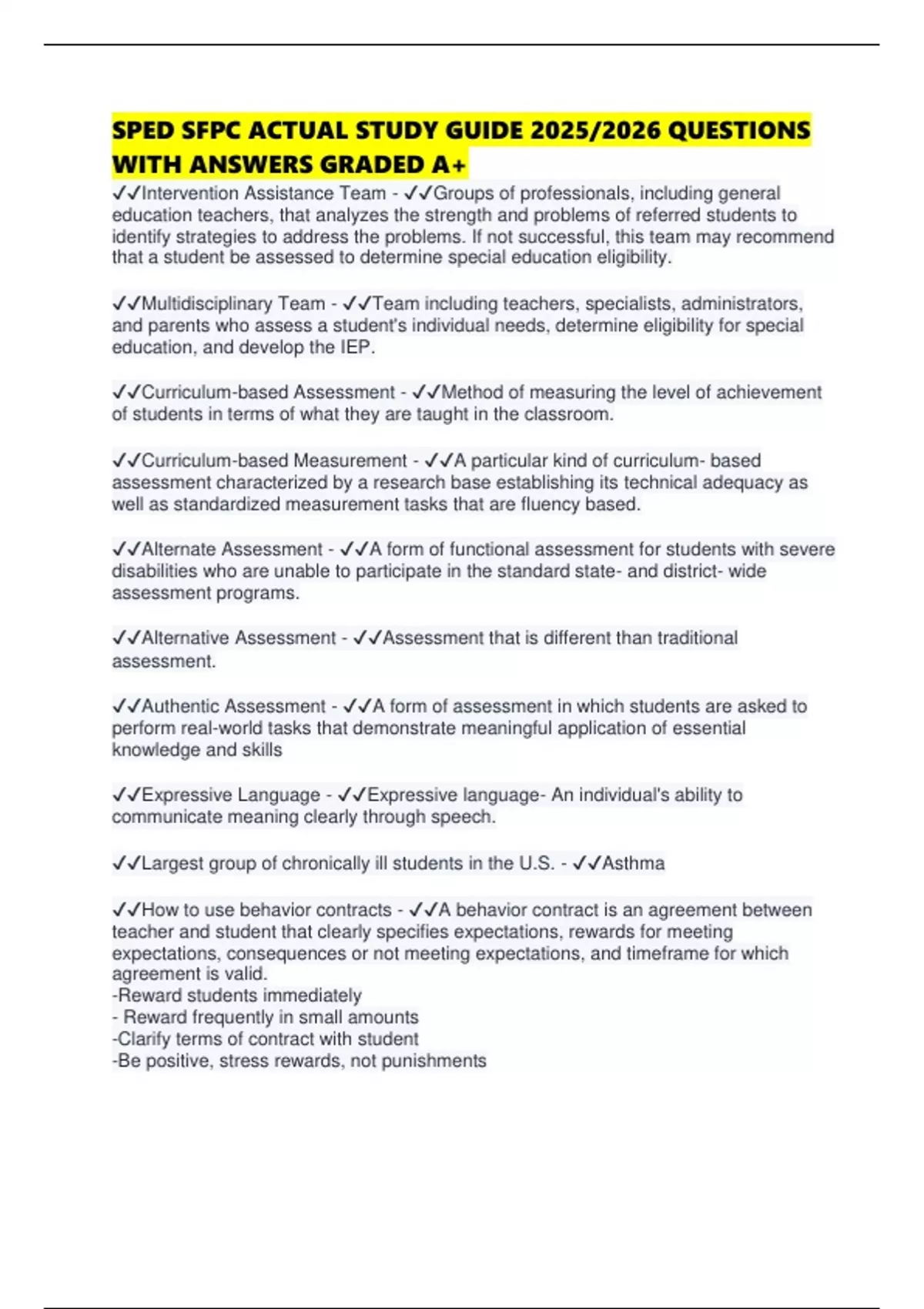 SPED SFPC ACTUAL STUDY GUIDE 2025/2026 QUESTIONS WITH ANSWERS GRADED A+ - SPED SFPC - Stuvia US