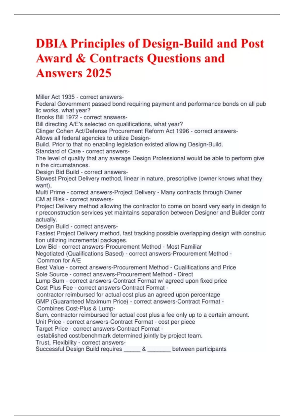 DBIA Principles of Design-Build and Post Award & Contracts Questions ...