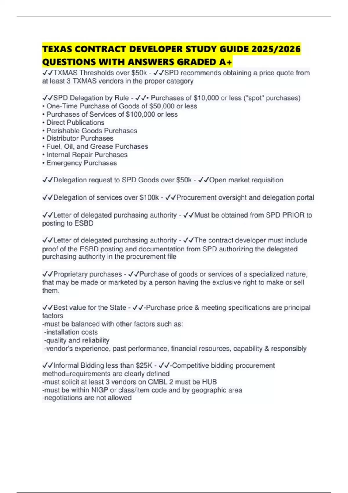 TEXAS CONTRACT DEVELOPER STUDY GUIDE 2025/2026 QUESTIONS WITH ANSWERS GRADED A+ - Certified ...